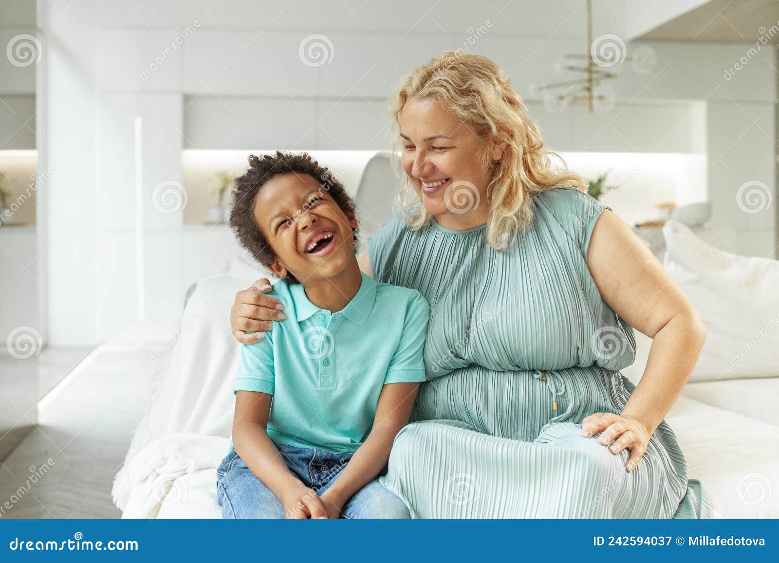 Happy Mom and Son Laughing at Home Stock Image - Image of family ...