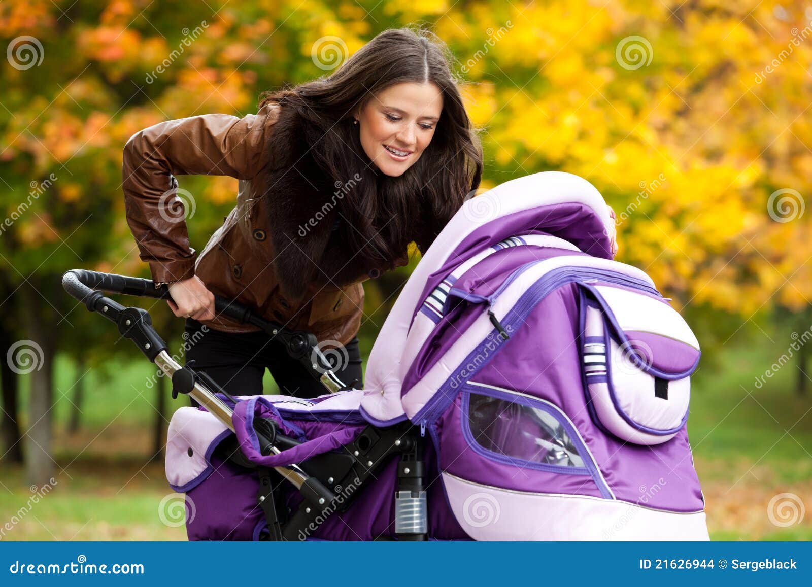 Happy Mom with Stroller Walks in Park Stock Photo - Image of carriage ...