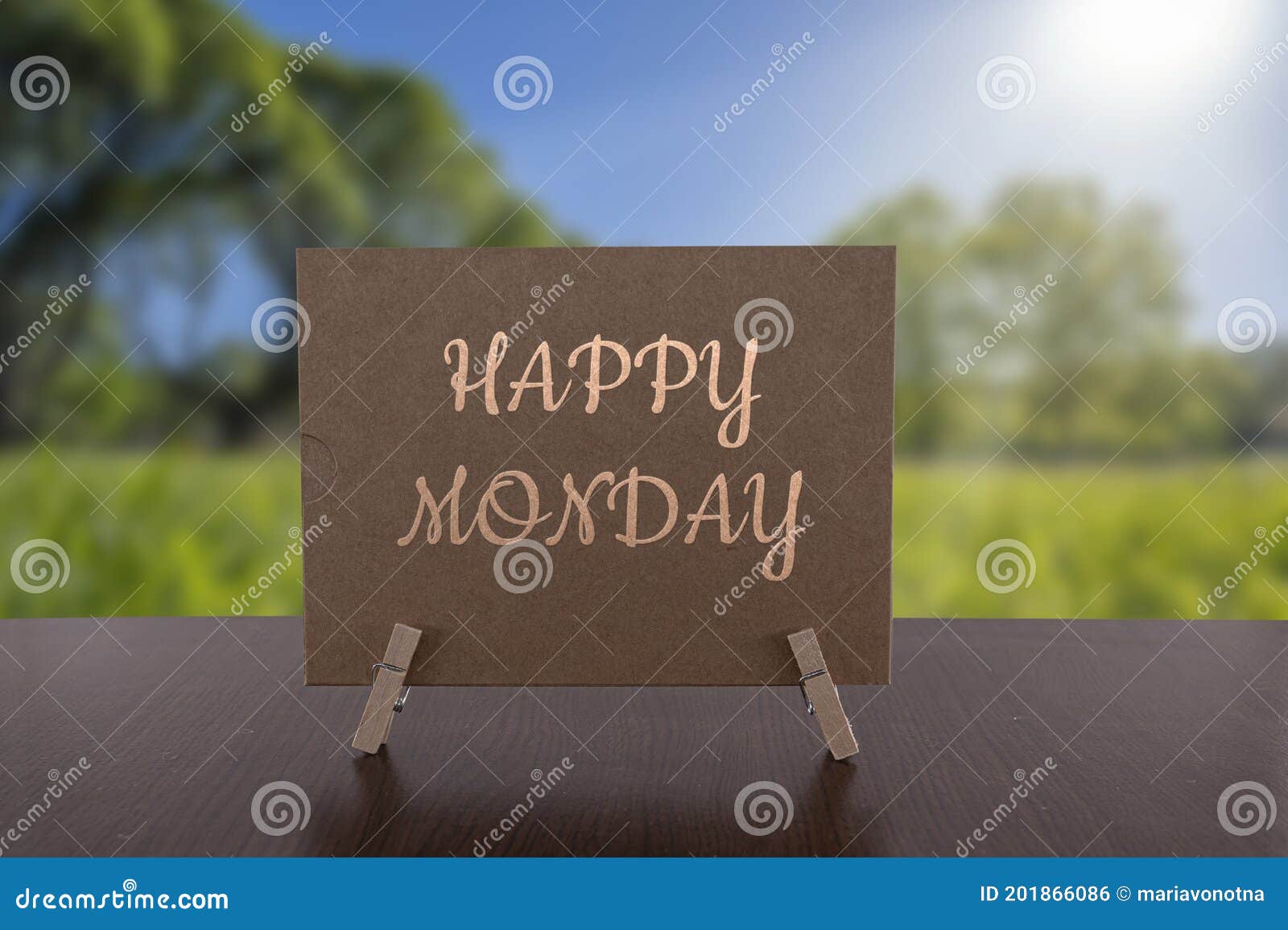 Happy Monday Card on the Table with Sunny Green Forest Background Stock ...