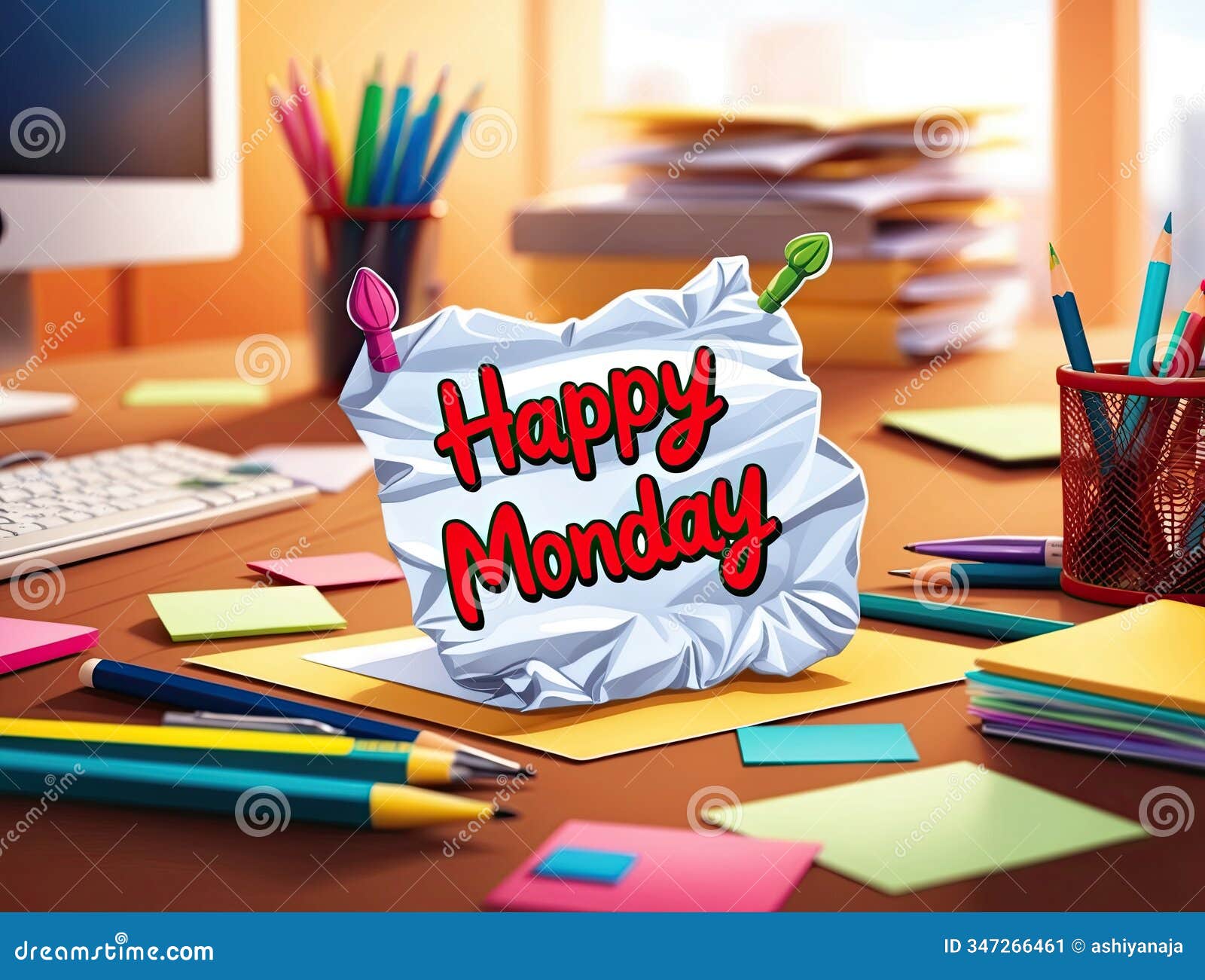 Happy Monday in Illustration Writing Style with Office Desk Background ...