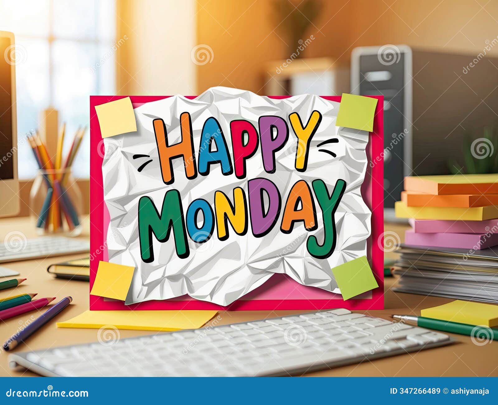 Happy Monday in Illustration Writing Style with Office Desk Background ...