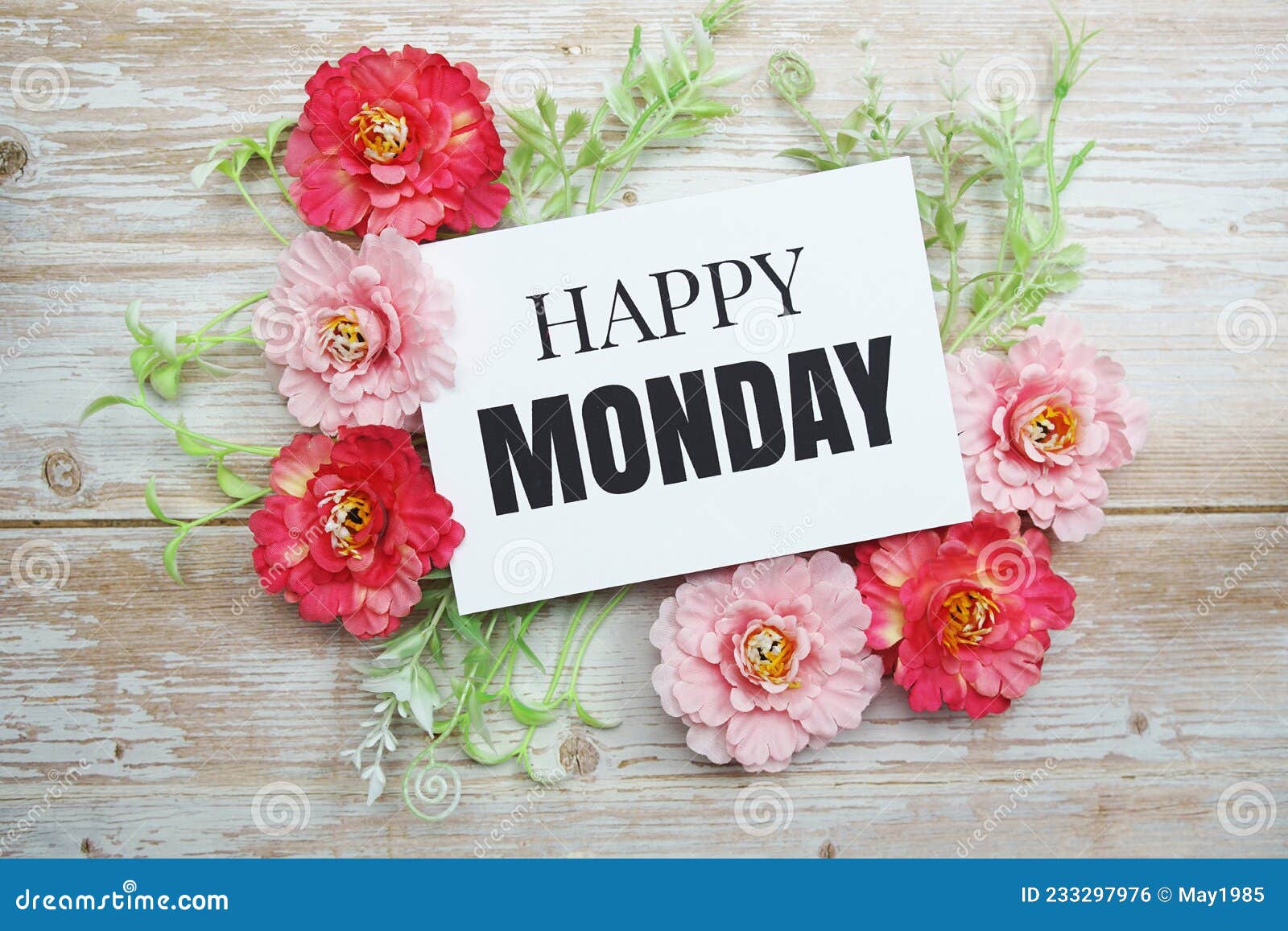 Happy Monday Text with Blooming Flower on Wooden Background Stock Photo ...
