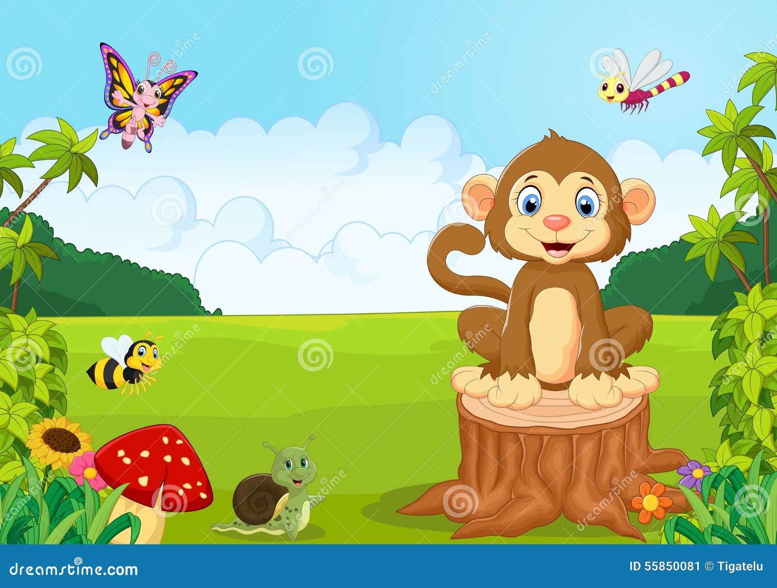 Happy Monkey Cartoon in the Forest Stock Vector - Illustration of child ...