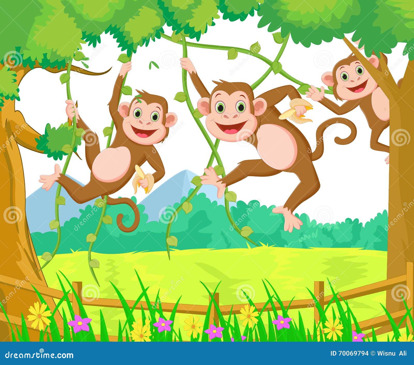 Happy Monkey Cartoon Playing in the Forest Stock Vector - Illustration ...