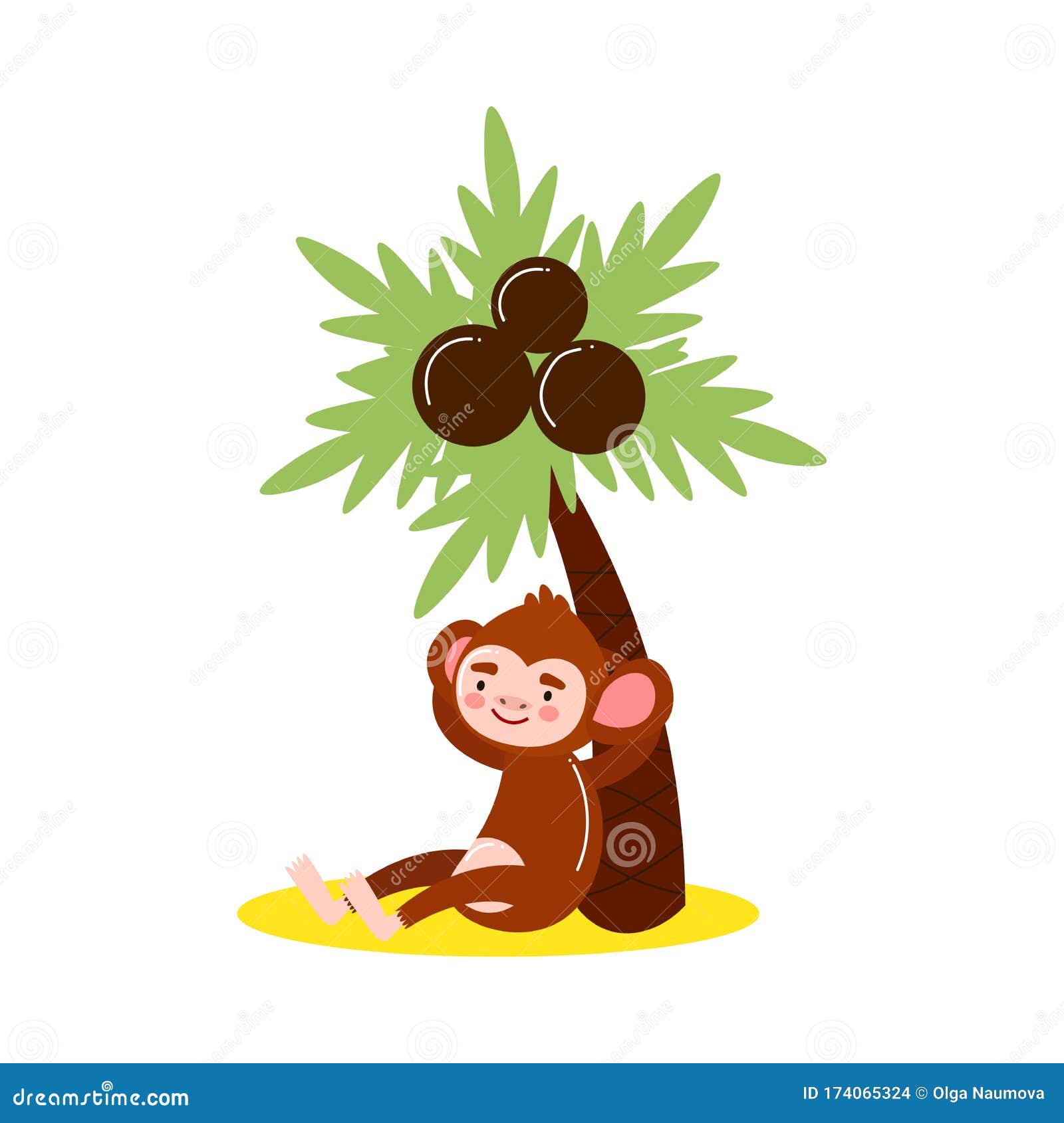 Happy Monkey Sitting Under Palm Tree with Coconuts Vector Illustration ... Happy Monkey Sitting Under Palm Tree with Coconuts Vector Illustration ...