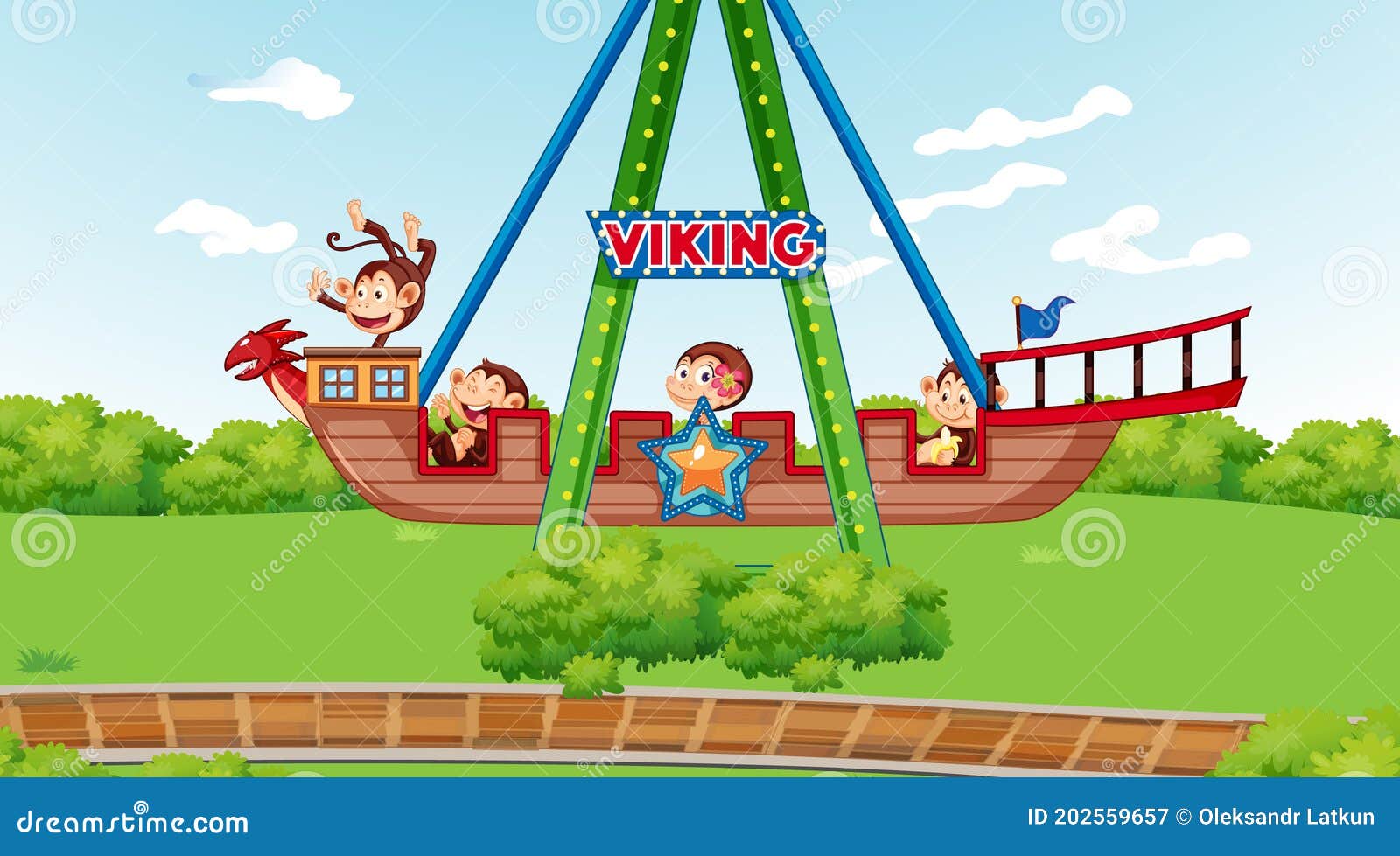 Happy Monkeys Riding on Viking Ship in the Park Stock Vector ...