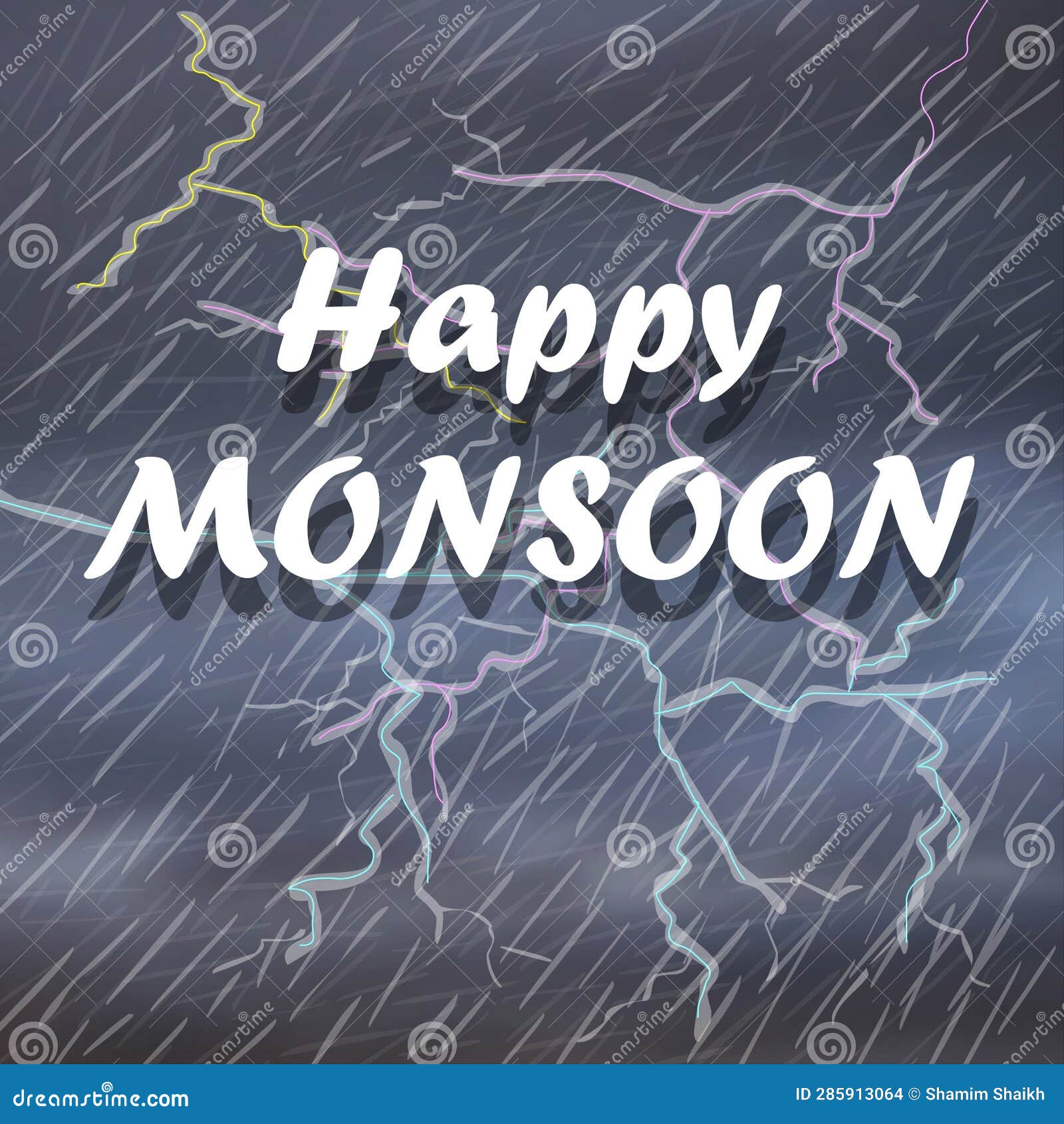 Happy Monsoon Card with Rain and Lightning. Vector Illustration. Stock ...