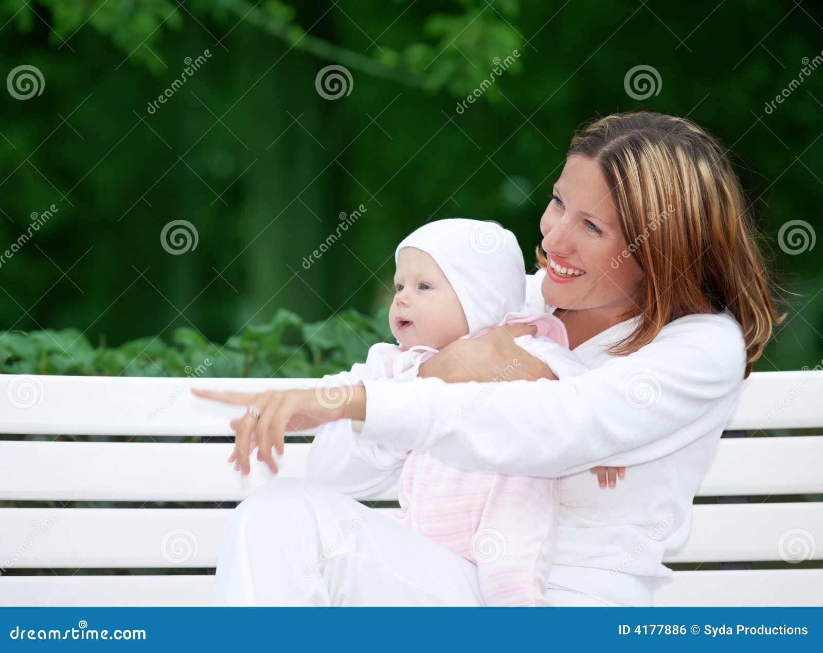 Happy Mother with Baby on the Bench Stock Photo - Image of freedom ...