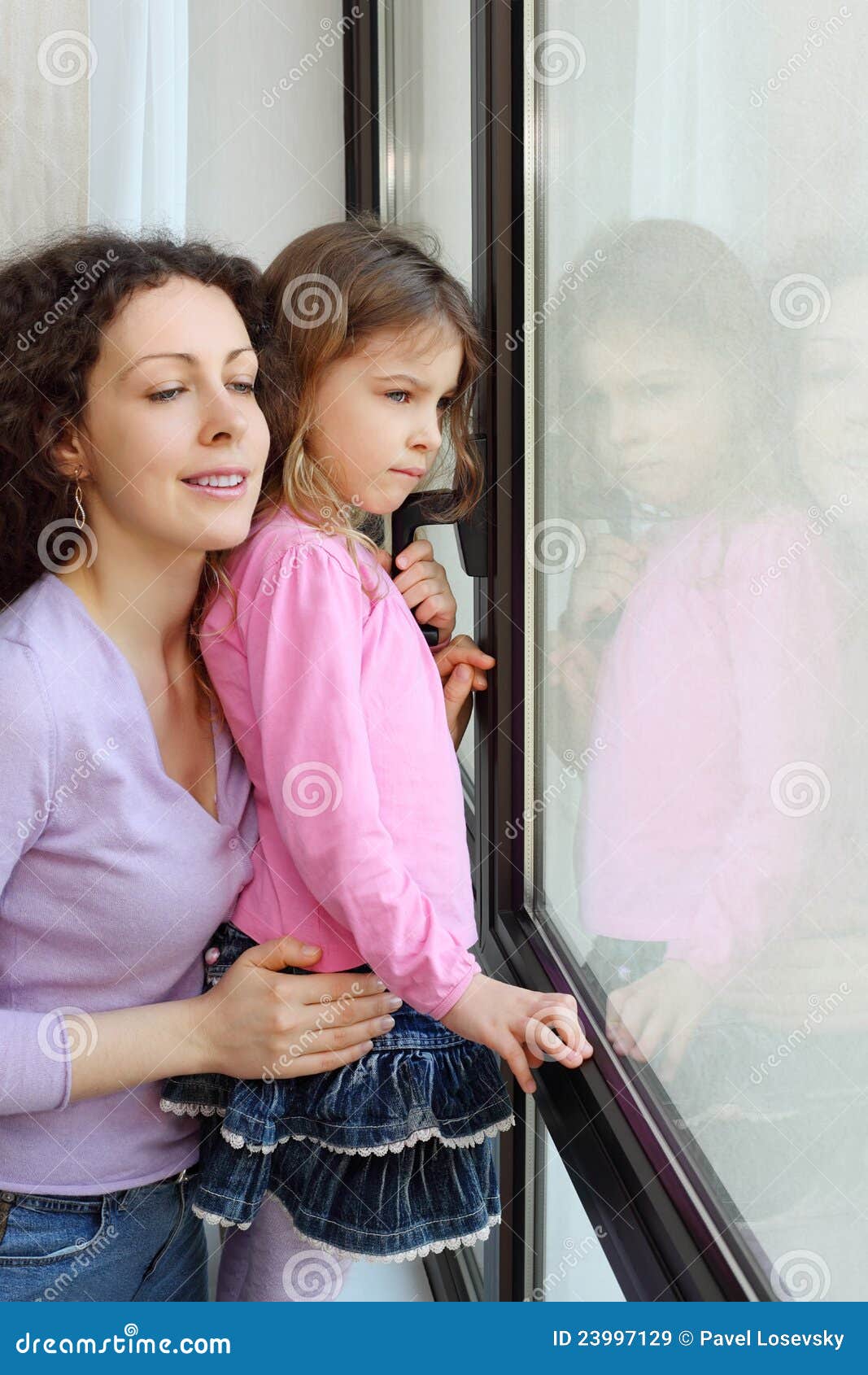 Happy Mother and Daughter Look Out Window Stock Image - Image of ...