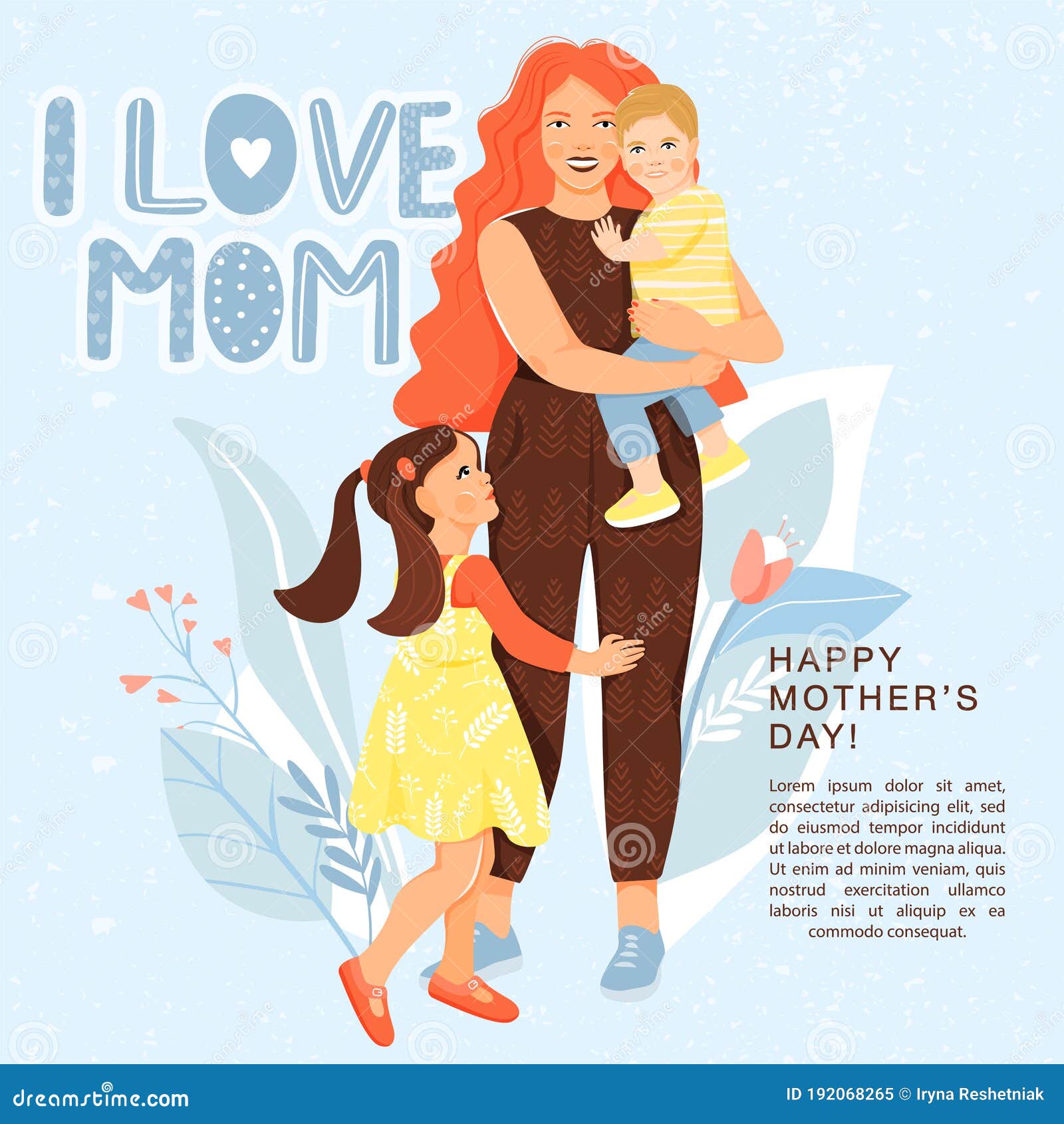 Happy Mother’s Day Greeting Card Beautiful Mother With Daughter Son