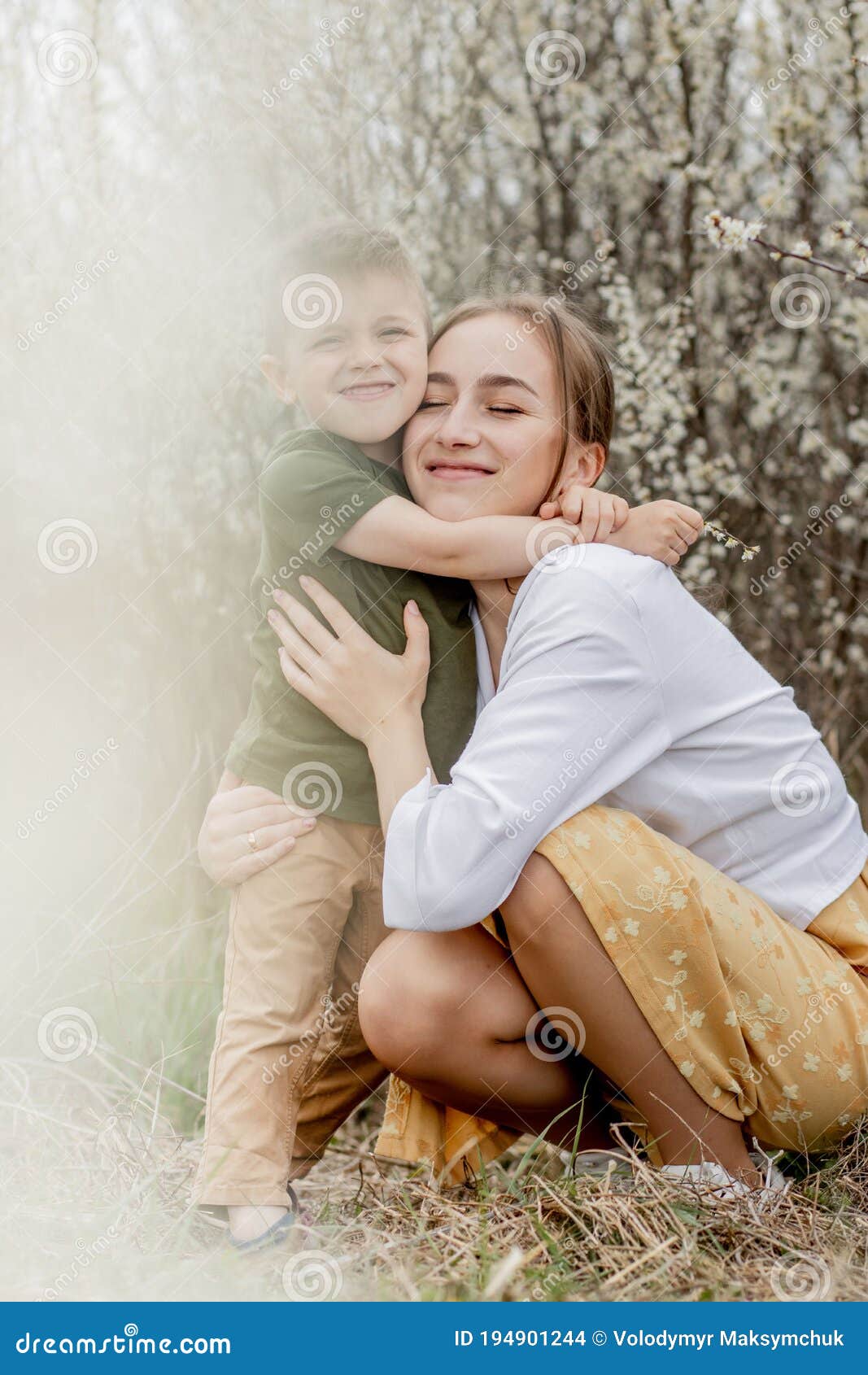 Happy Mother And Son Having Fun Together Mother Gently Hugs Her Son