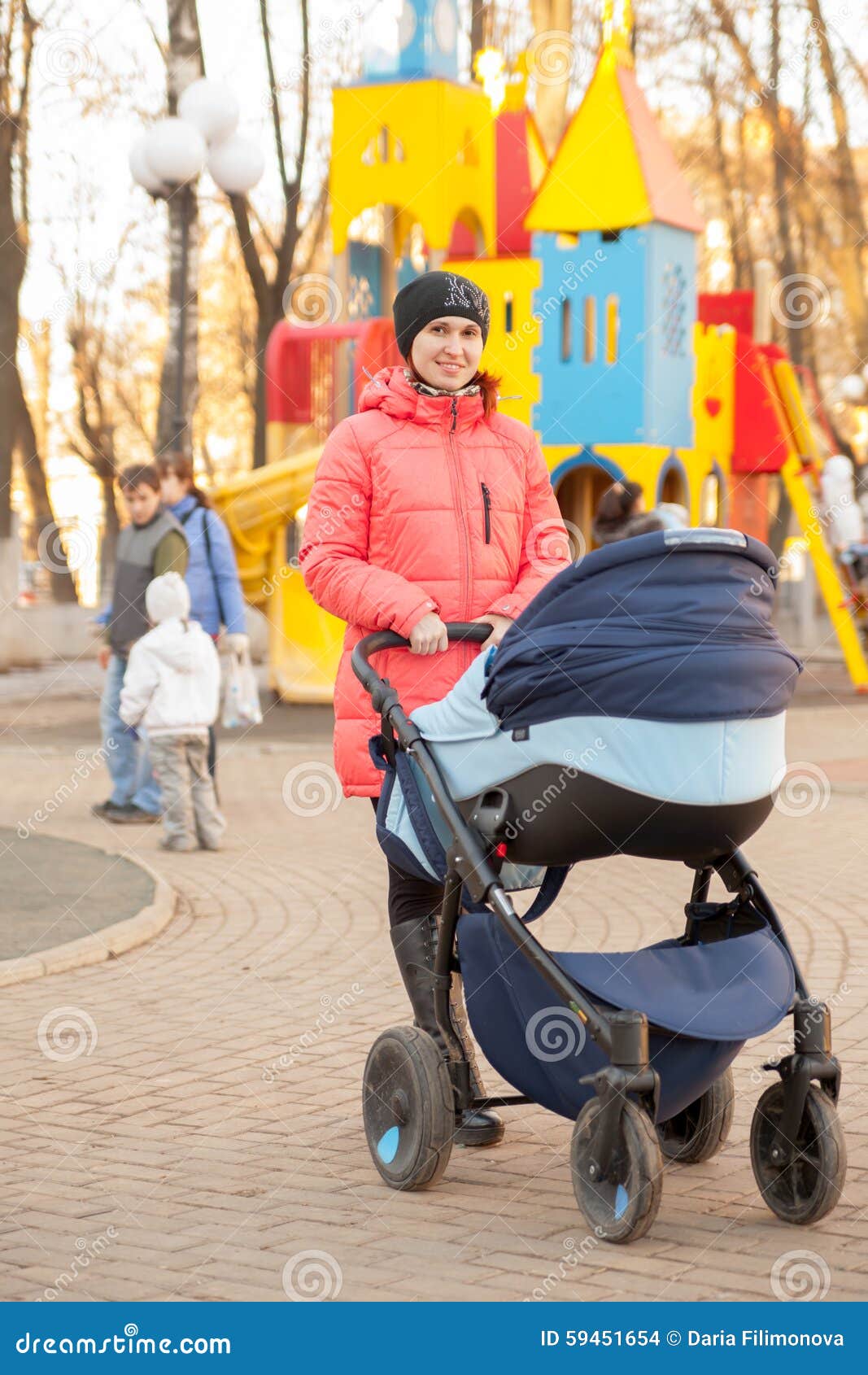Happy Mother with Stroller in Park. Stock Photo - Image of walking ...