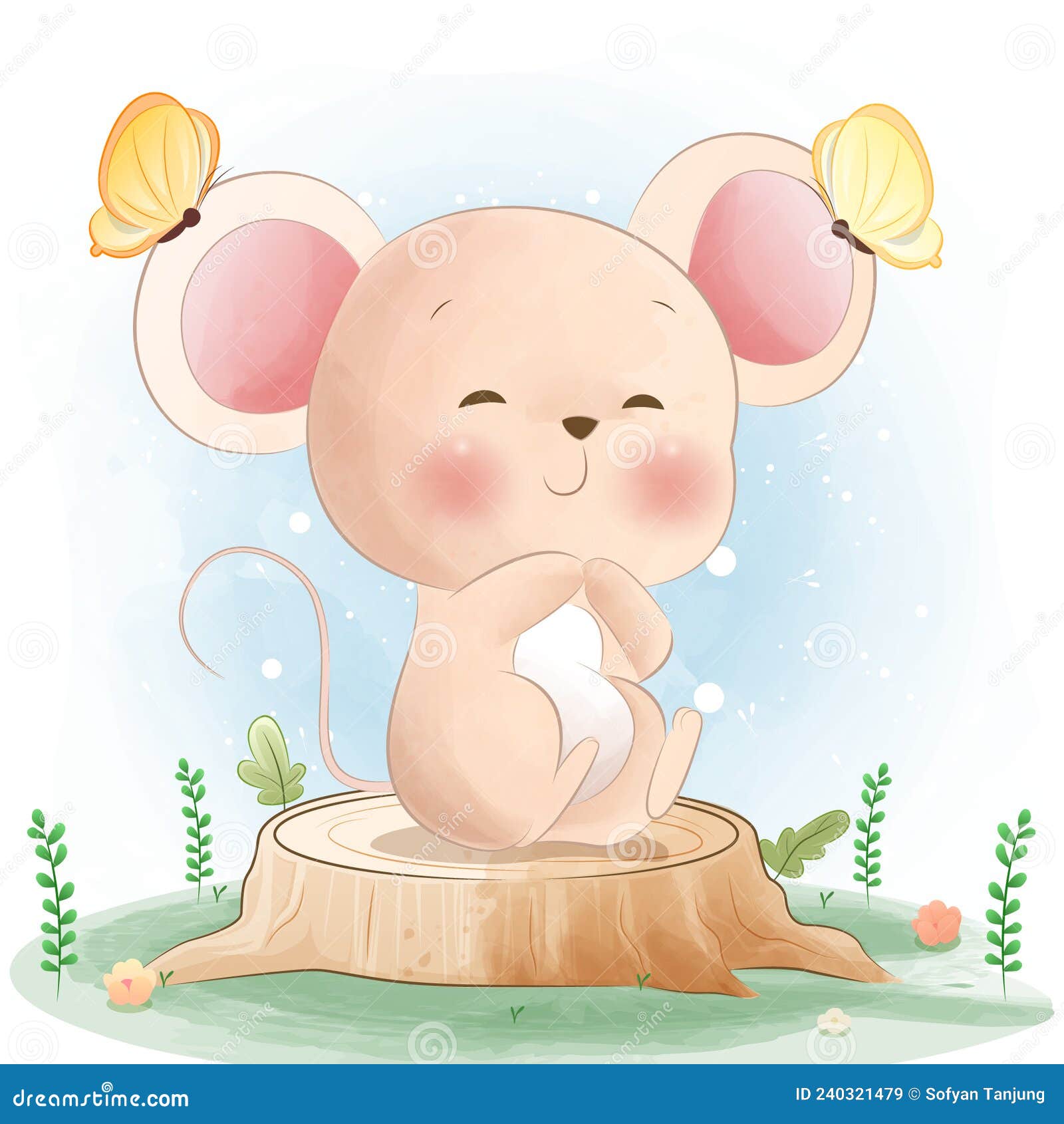 Happy Mouse Sitting on Tree Stump Cartoon Illustration Stock Vector ...