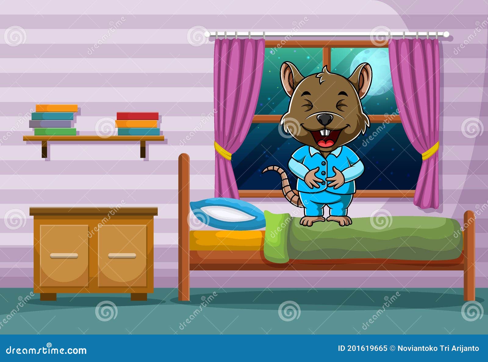 Happy Mouse Using the Pajamas and Standing in His Bed Stock Vector ...