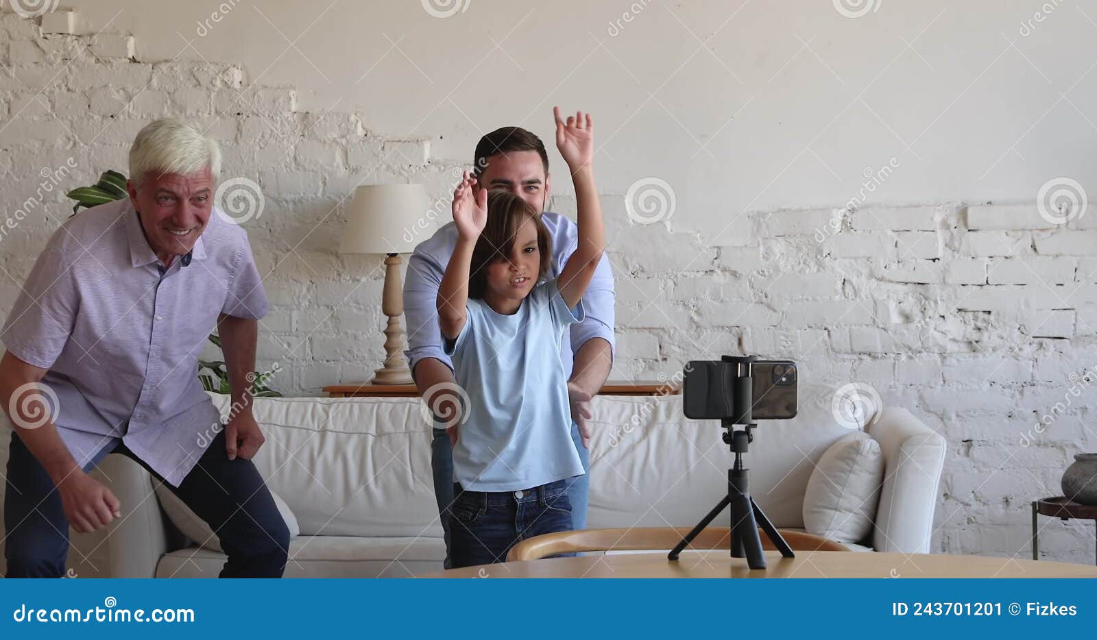 Happy Multi Generational Men Dancing in Front of Smartphone Camera ...