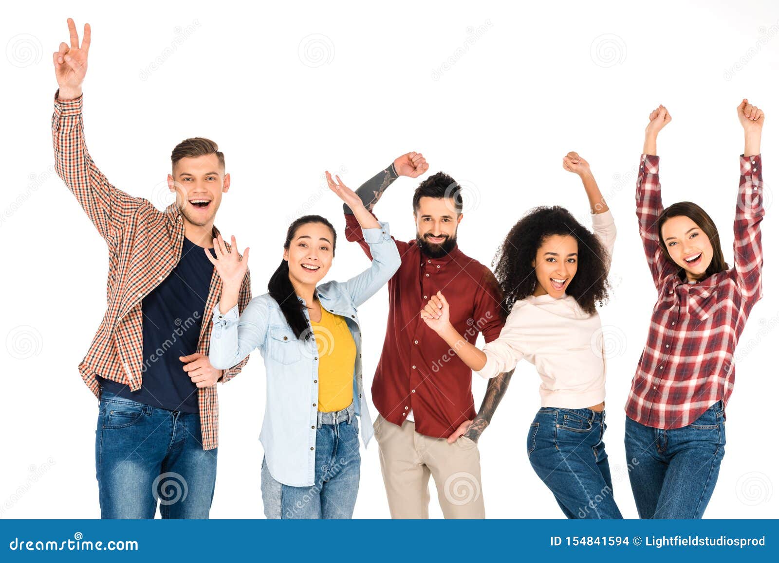 Happy Multicultural Group of People Smiling with Hands Above Head ...