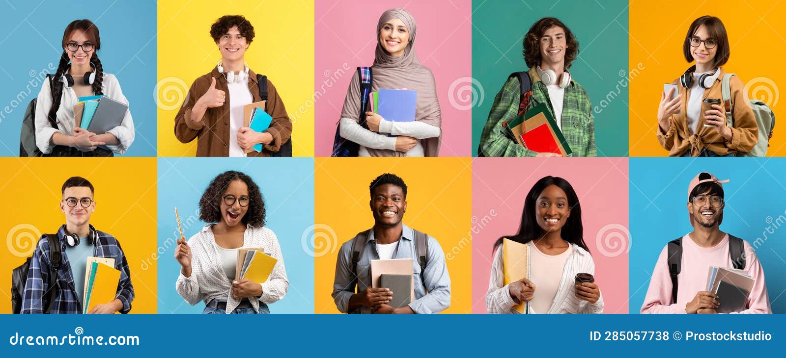 Happy Multiethnic Students Posing Over Colorful Studio Backdrops Stock ...