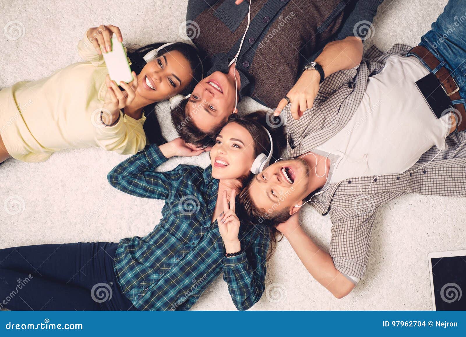 Happy Multiracial Friends Taking Selfie Stock Photo - Image of group ...