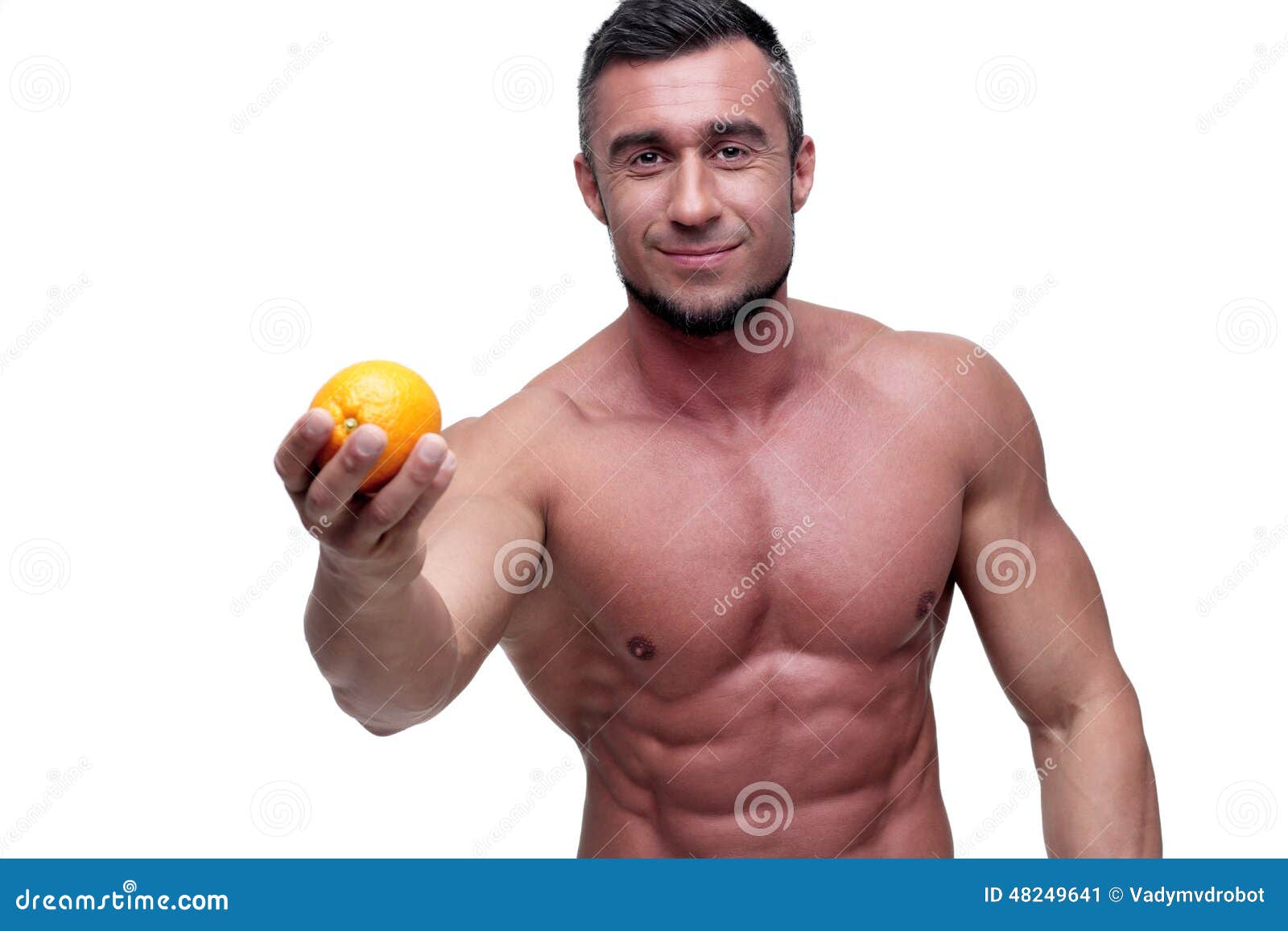 Happy Muscular Man Holding Orange Stock Image - Image of caucasian ...