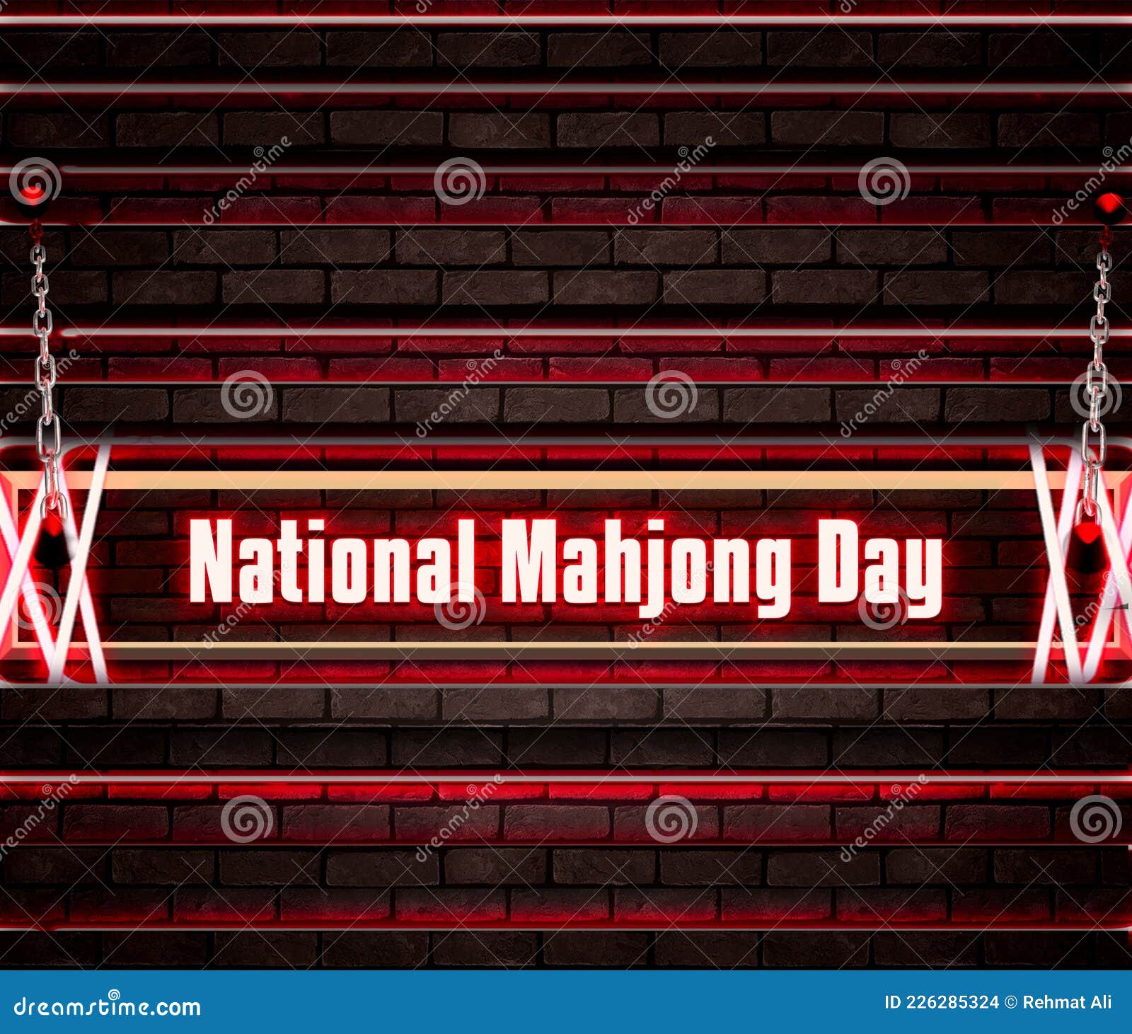August, National Mahjong Day, Neon Text Effect on Bricks Background ...