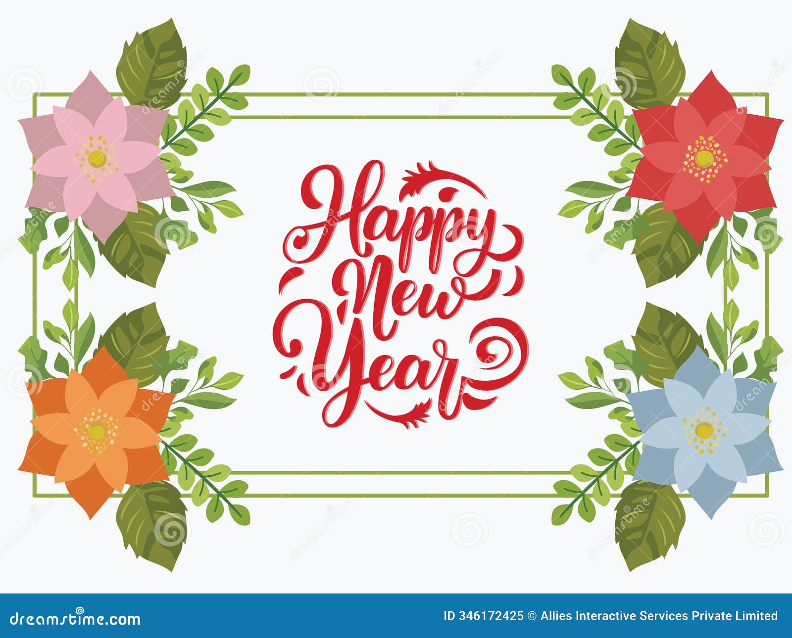 Happy New Greeting Card Design with Calligraphy Text and Flower and ...