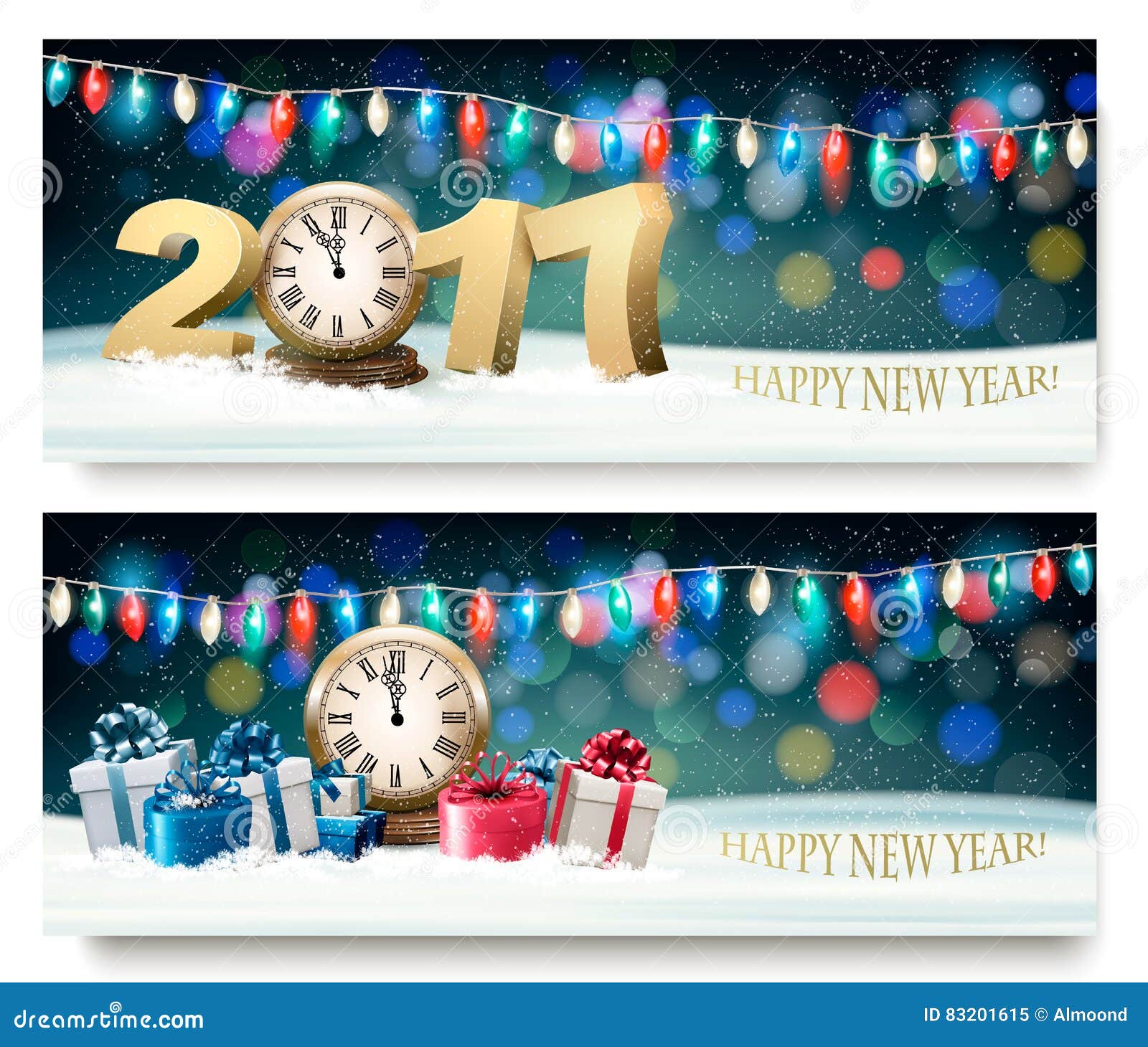 Happy New Year Banners with Presents and Fireworks. Stock Vector ...
