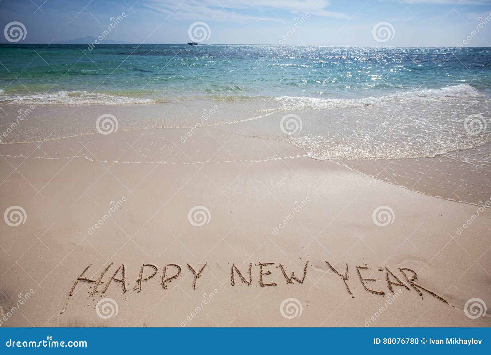 Happy new year on beach stock photo. Image of year, inscription - 80076780