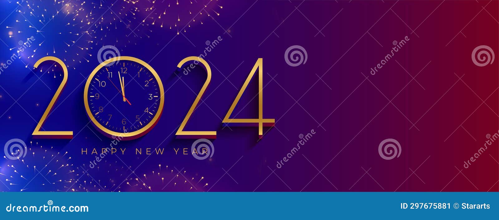 Happy New Year 2024 Clock Wallpaper with Firework Bursting Stock Vector ...