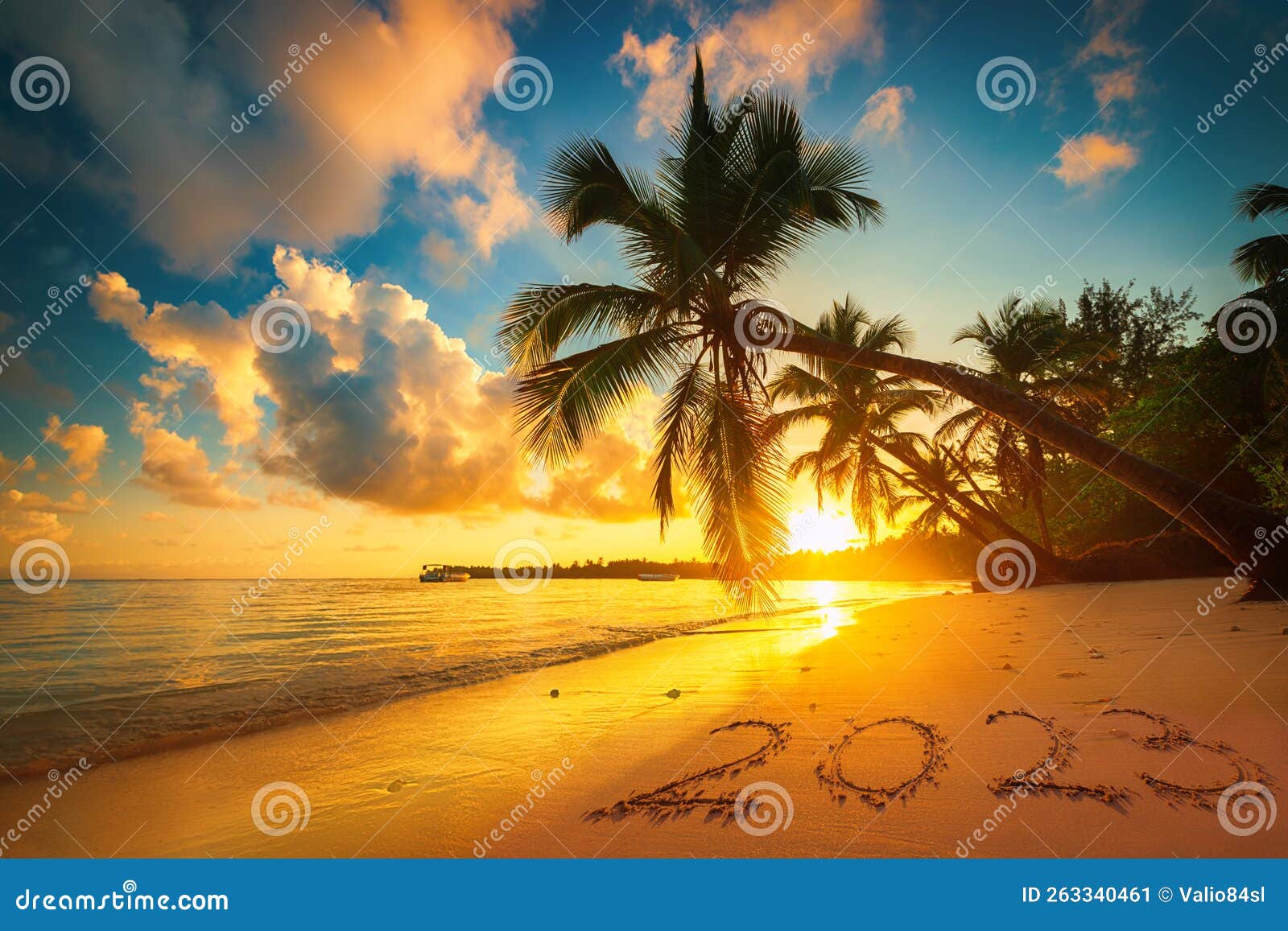 Happy New Year 2023 Text on Island Beach Sand. Sea Sunrise. Punta Cana ... Happy New Year 2023 Text on Island Beach Sand. Sea Sunrise. Punta Cana ...