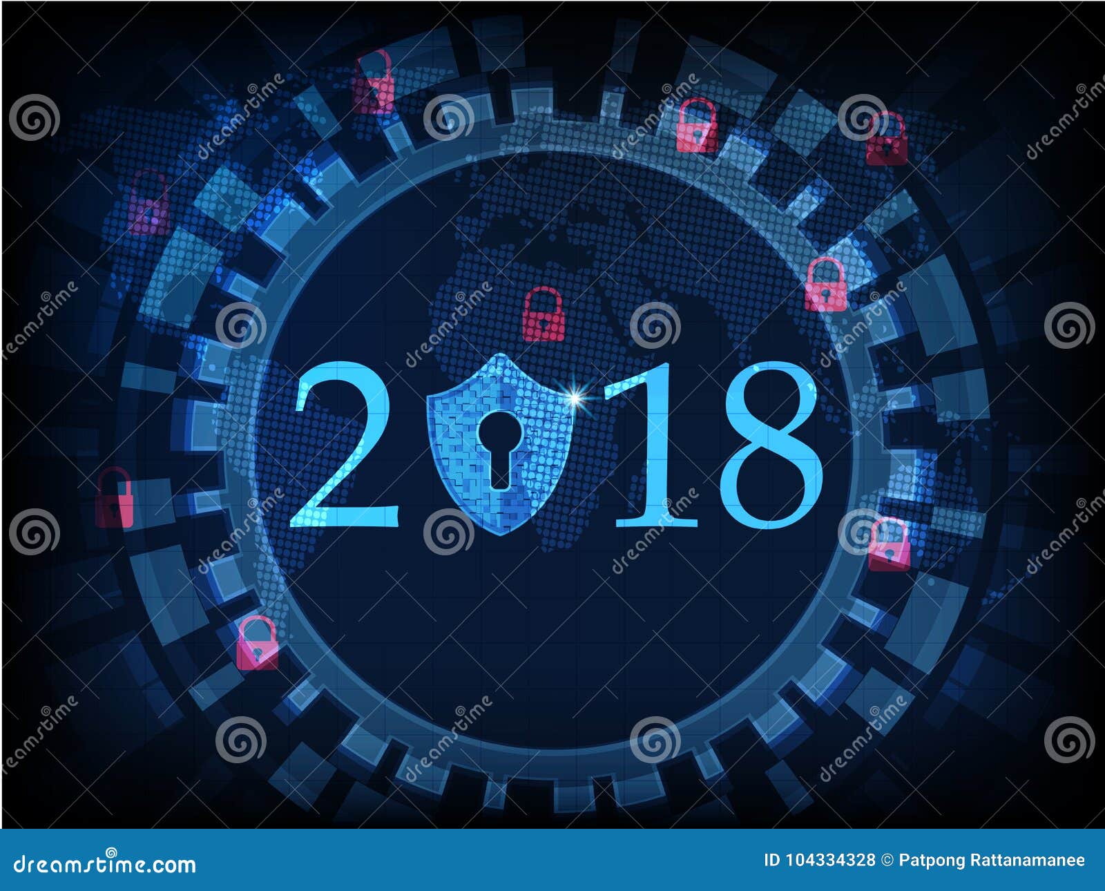 Happy New Year 2018 .Cyber Security Concept: Shield with Keyhol Stock ...