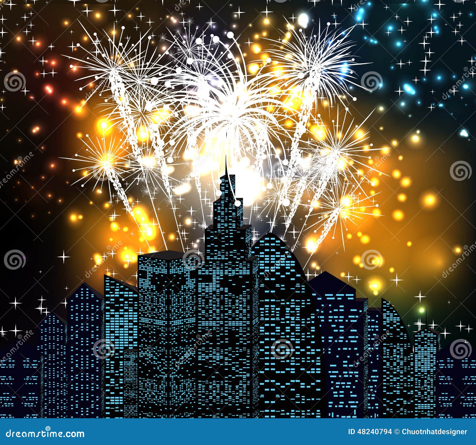 Happy New Year with Firework City at Night Stock Illustration ...