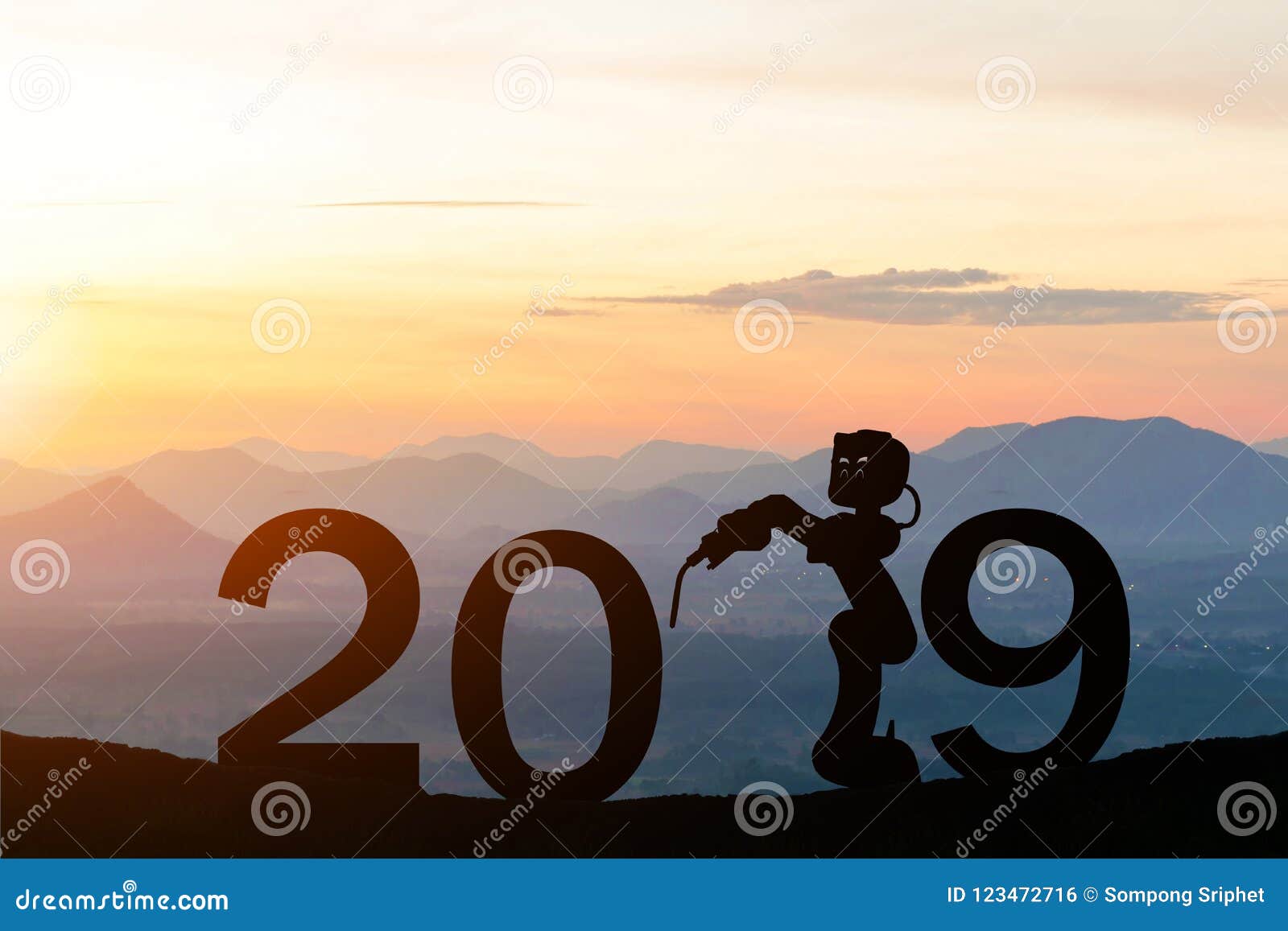 Happy New Year 2019 Future Robots Silhouette Stock Photo - Image of ...