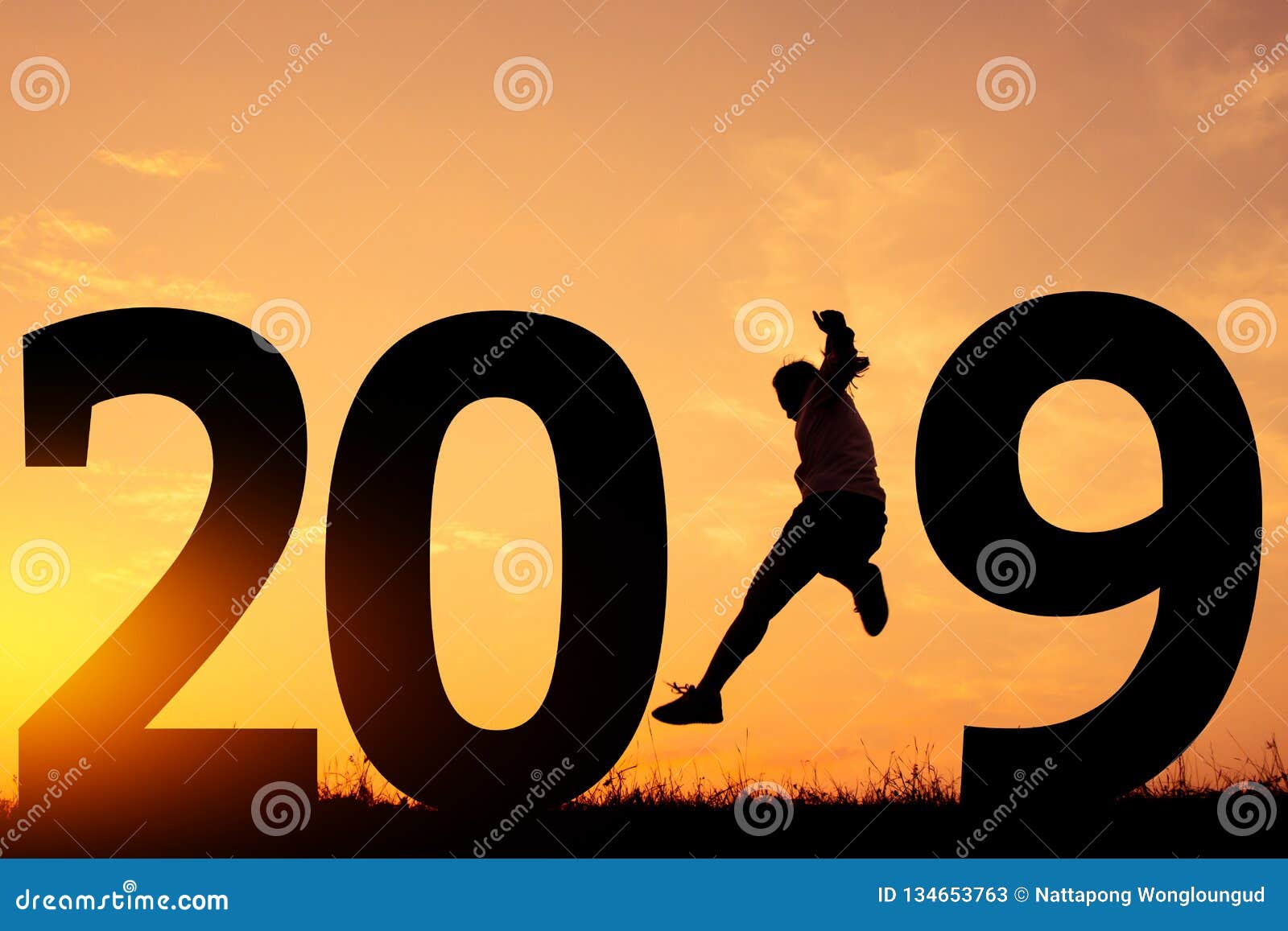 Happy New Year Jumping from 2019 Silhouette. Stock Image - Image of ...