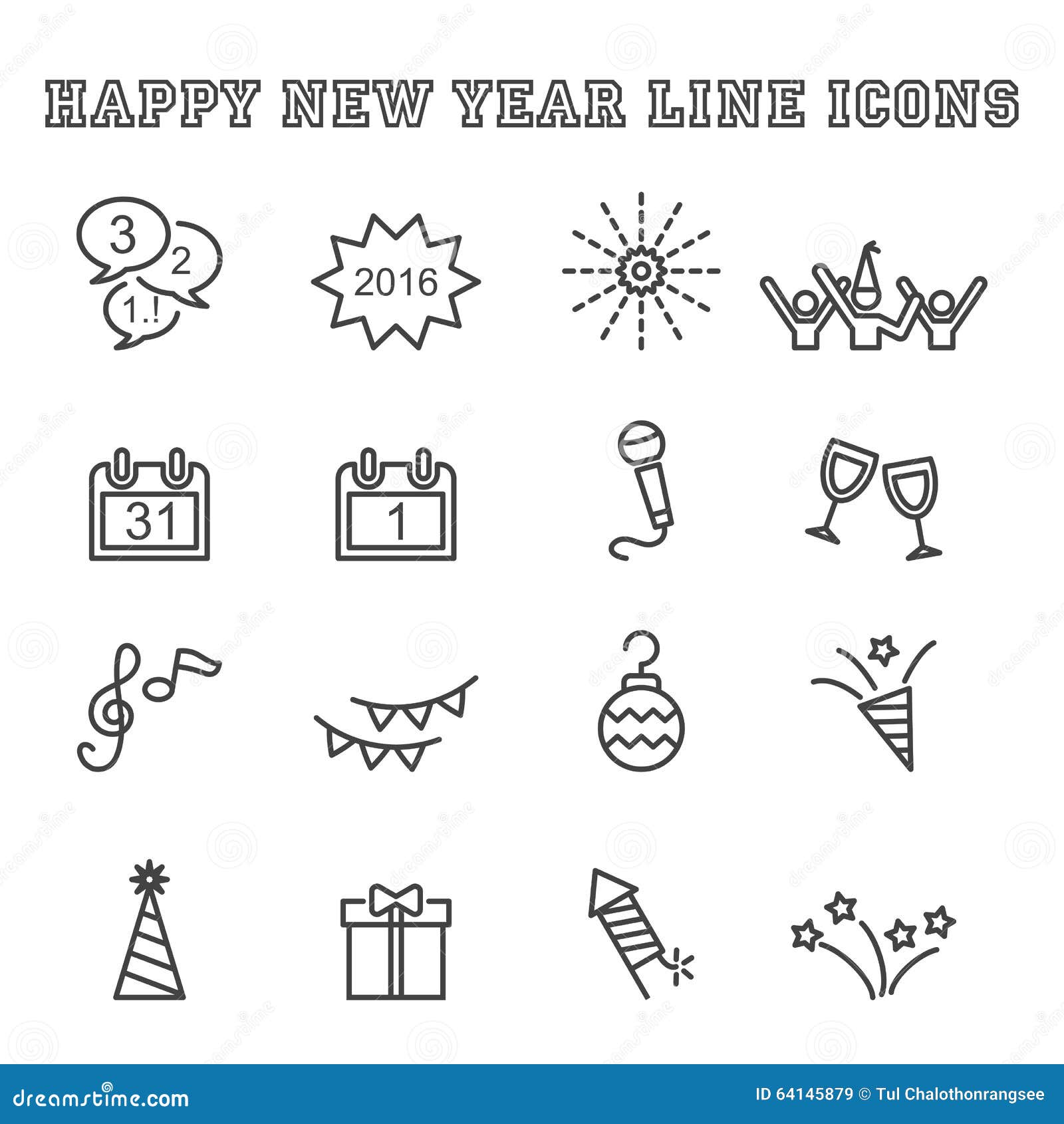 Happy New Year Line Icons Stock Vector Illustration Of Music 64145879
