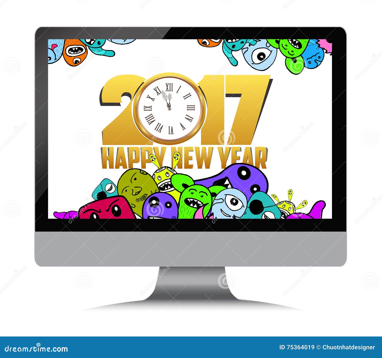 Happy New Year 2017. Monster Character on Computer Stock Illustration ...