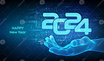 Happy New 2024 Year. Numbers 2024 Made with Binary Code in Wireframe Hand Stock Vector ...