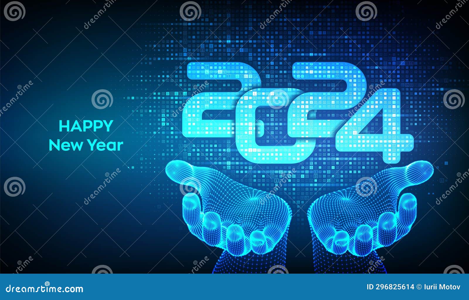 Happy New 2024 Year. Numbers 2024 Made with Binary Code in Wireframe Hands Stock Vector ...