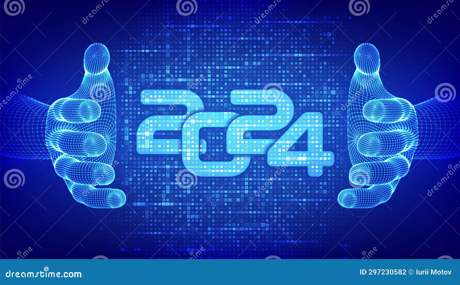 Happy New 2024 Year. Numbers 2024 Made with Binary Code in Wireframe Hands Stock Vector ...