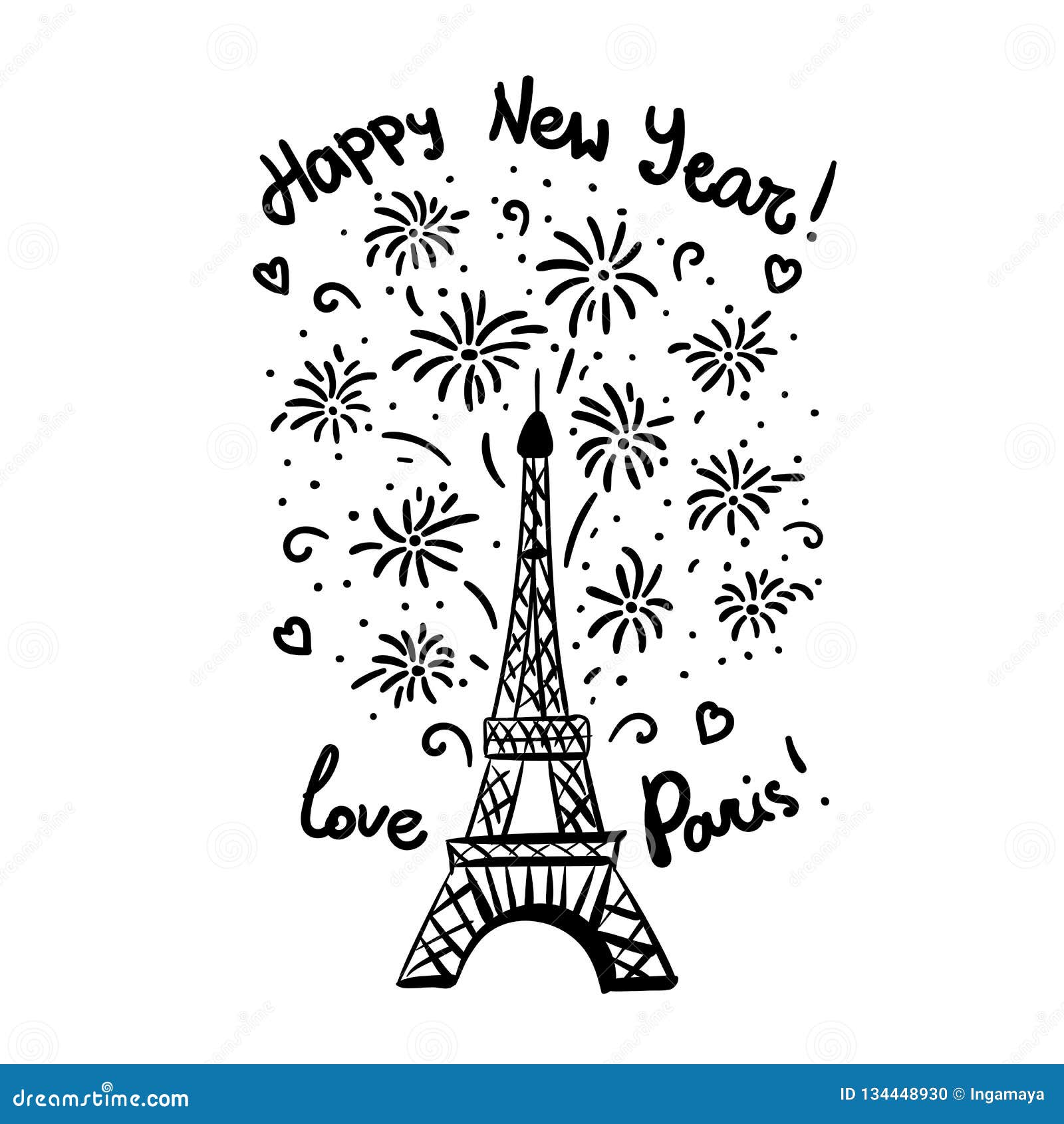 Happy New Year in Paris Card. Vector Illustration Black Ink Eiffel ... Happy New Year in Paris Card. Vector Illustration Black Ink Eiffel ...