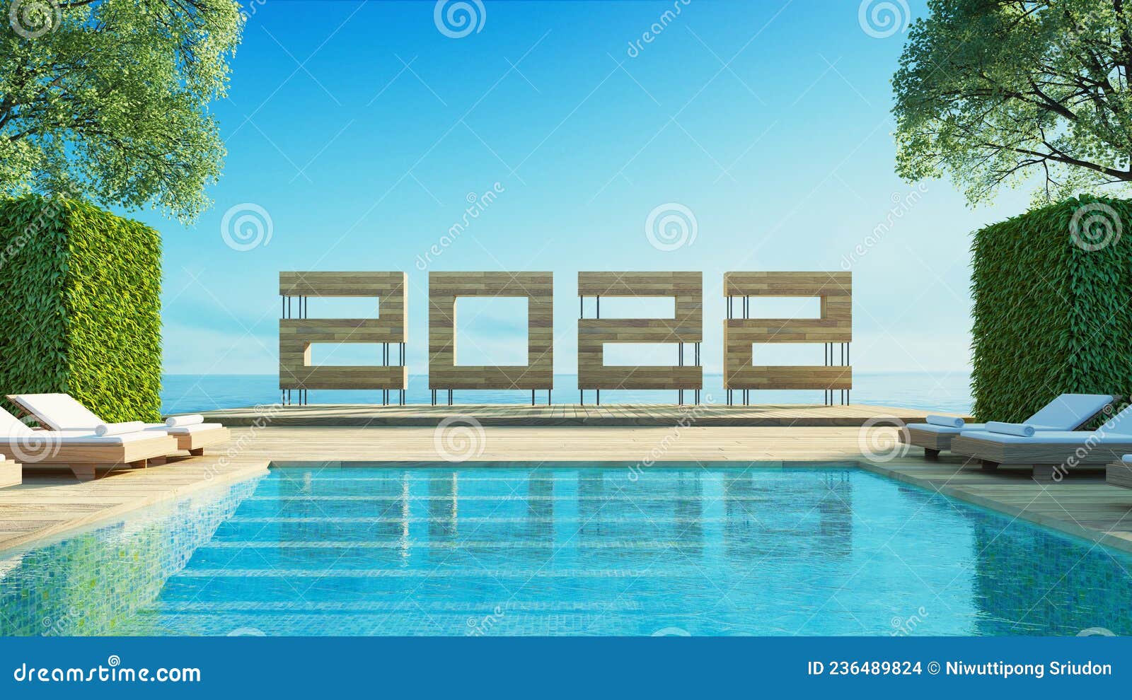 2022 Happy New Year Pool Villa Sea View - 3D Rendering Stock ...