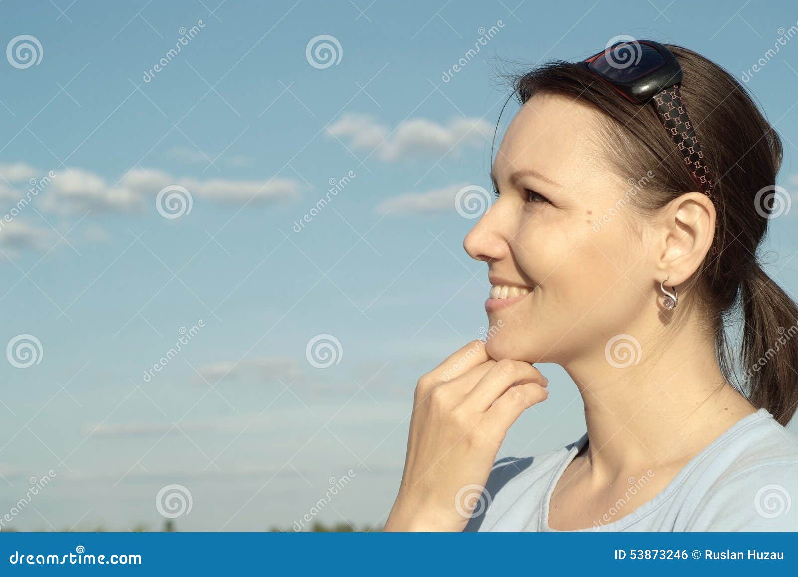 Happy Nice Girl Against the Sky Stock Photo - Image of female, brunette ...