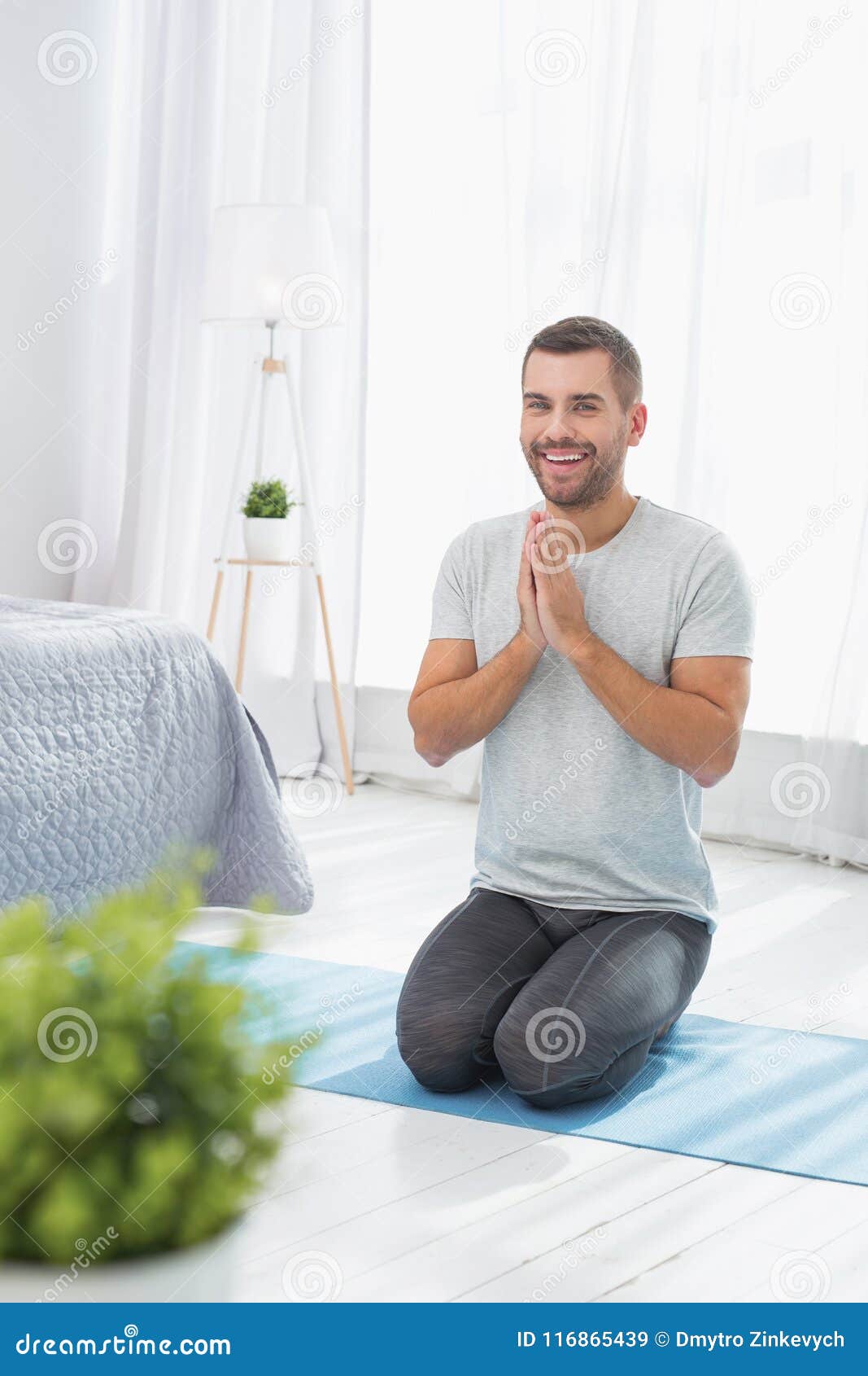 Happy Nice Man Practicing Yoga Stock Image - Image of adult ...