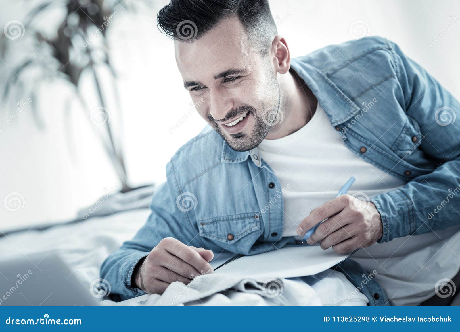 Happy Nice Man Writing a Plan Stock Photo - Image of laptop ...