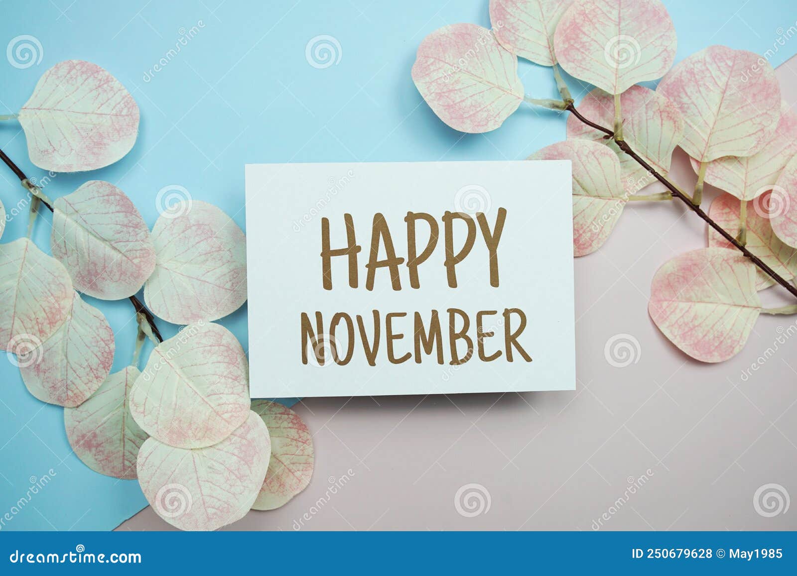 Happy November Text Message with Artificial Leave on Blue and Pink ...
