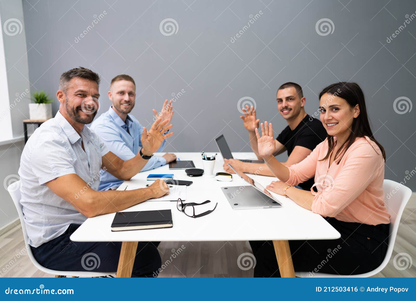 Happy Office People Waving Hello Stock Photo - Image of business ...