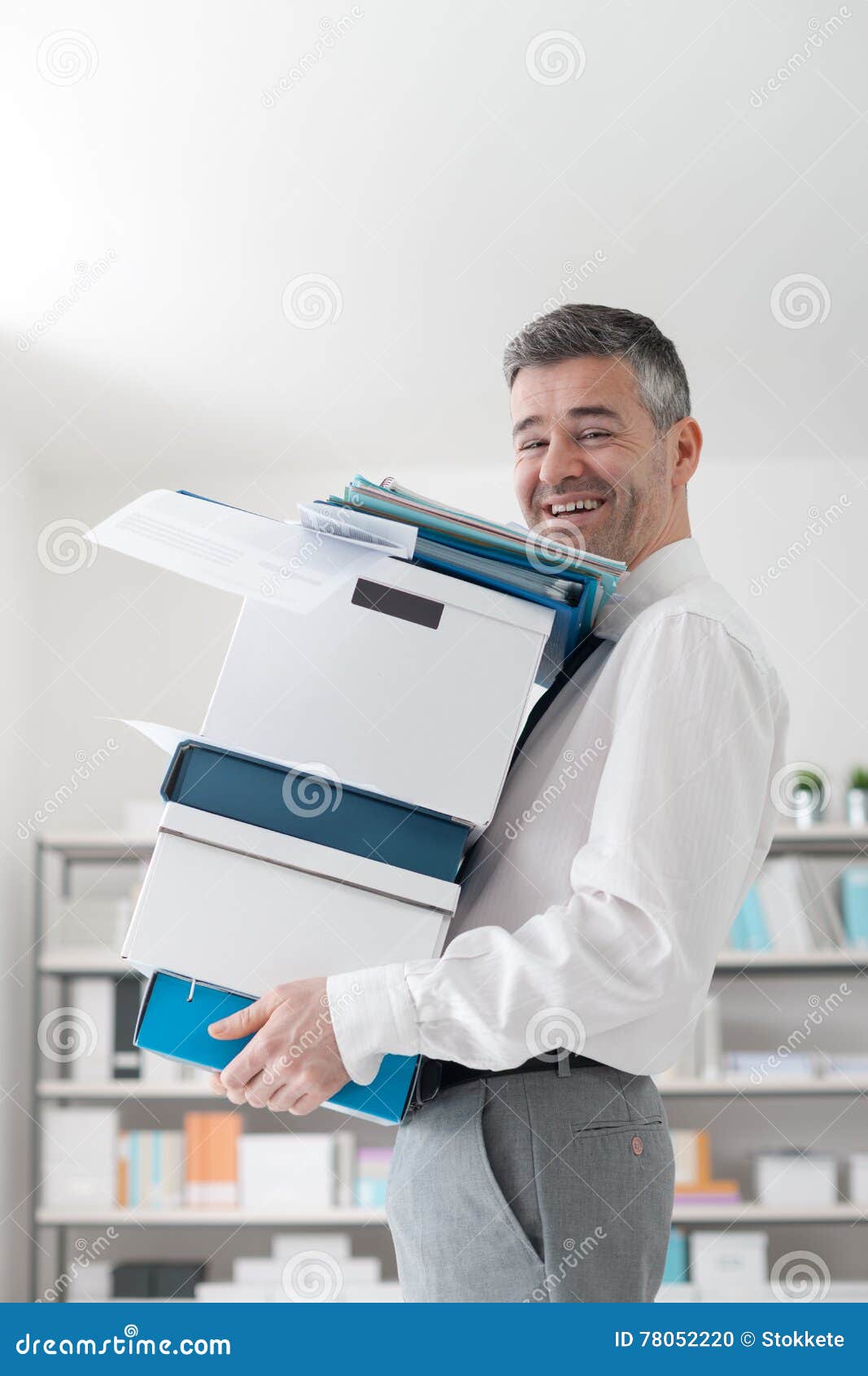 Happy Office Worker Carrying Boxes Stock Photo - Image of overload ...