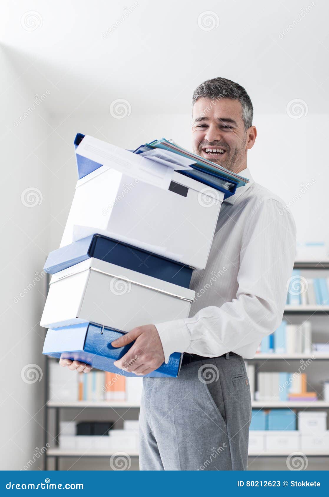 Happy Office Worker Carrying Boxes Stock Image - Image of executive ...
