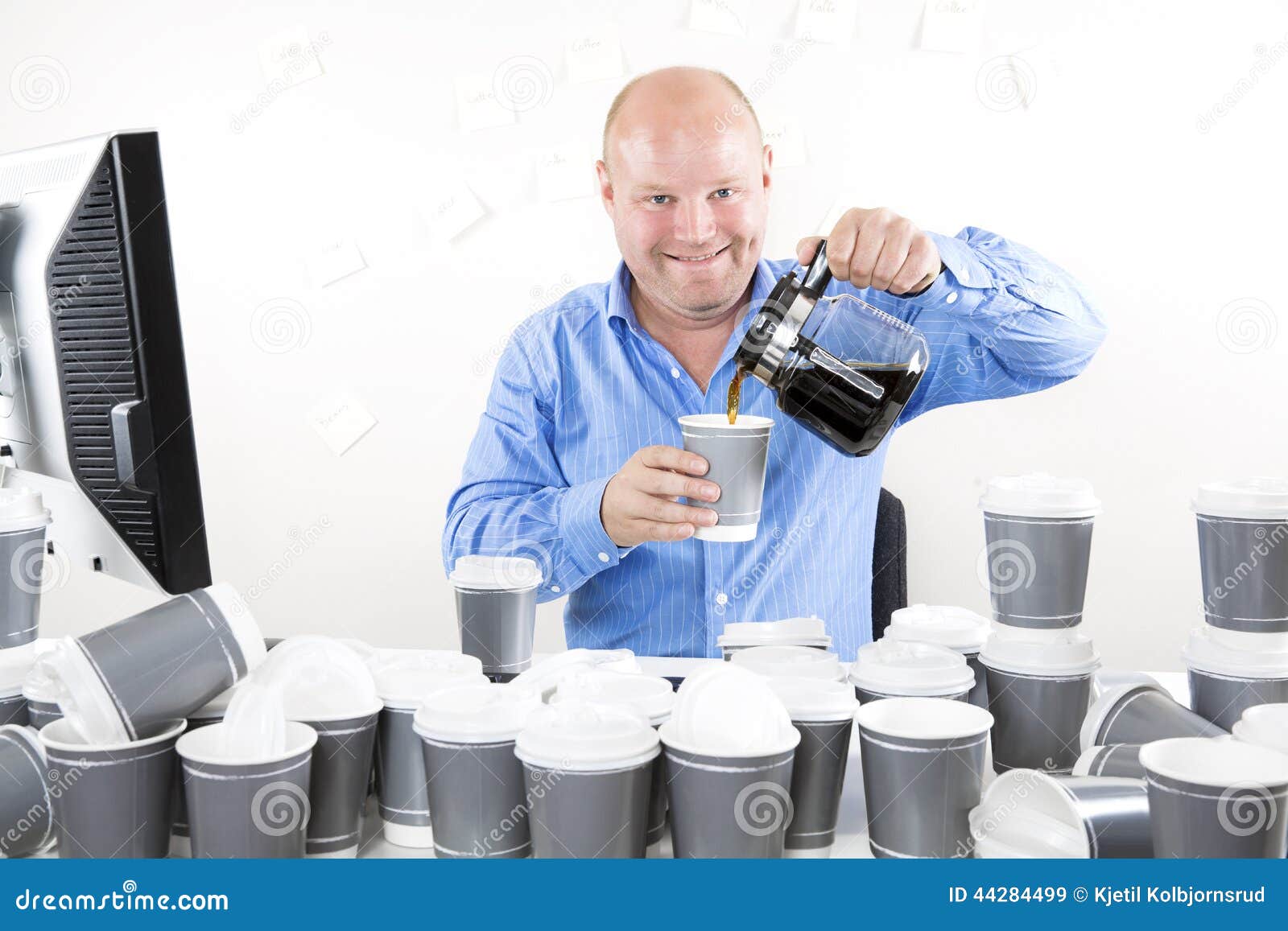 Happy Office Worker Drinks Too Much Coffee Stock Image - Image of ...