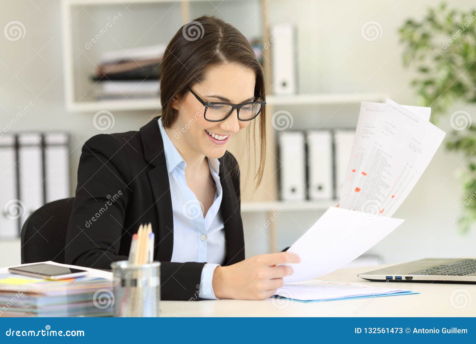 Happy Office Worker with Eyeglasses Comparing Documents Stock Image ...