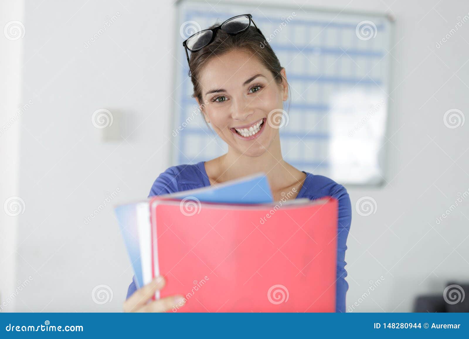 Happy Office Worker Holding Forward Folders Stock Photo - Image of ...